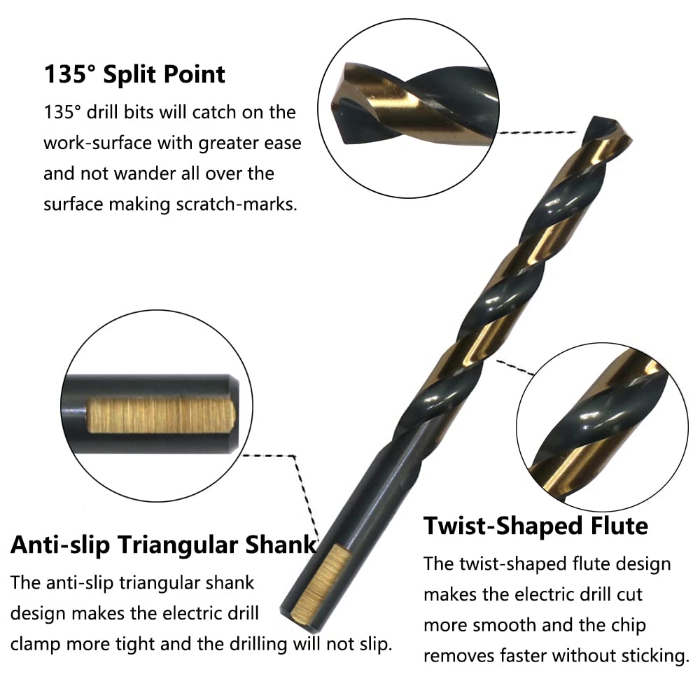 VALYRIANTOOL 6PCS 3/8" HSS Black Gold Twist Drill Bits Set, 135 Degree Split Point, Jobber Metal Drill Bit, General Purpose for Use in Mild Steel, Copper, Aluminum, Zinc Alloy, Wood, and Plastic