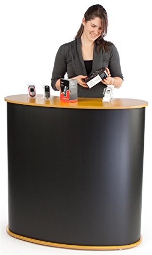 Pop-up Podium Counter with Kidney Bean Shaped Wood Grain Table Surface and Black Body - Portable Design, No Tools Required! (TSPCL02WD)