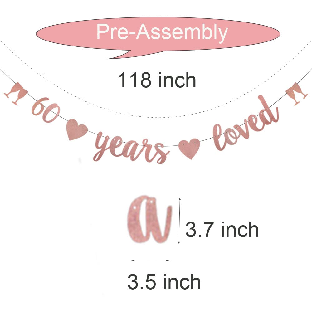 WEIANDBO 60 Years Loved Rose Gold Glitter Banner,Pre-Strung,60th Birthday