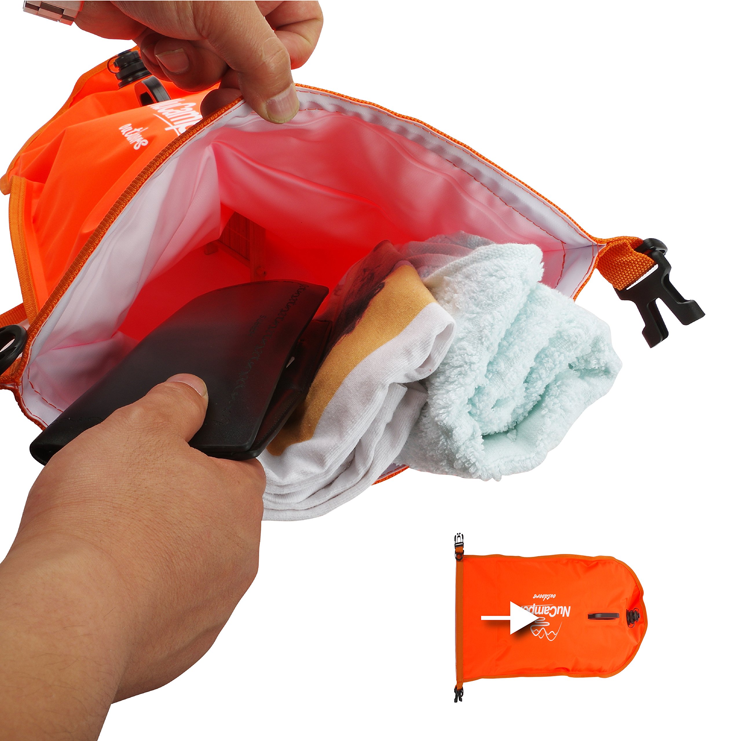 NuCamper Swim Buoy for Open Water Swimmers with Adjustable Waist Belt, Waterproof Dry Bag, Swim Bubble for Safty Swimming, Training Snorkeling, Kayaking, Diving, Boating, Large Capacity 28L