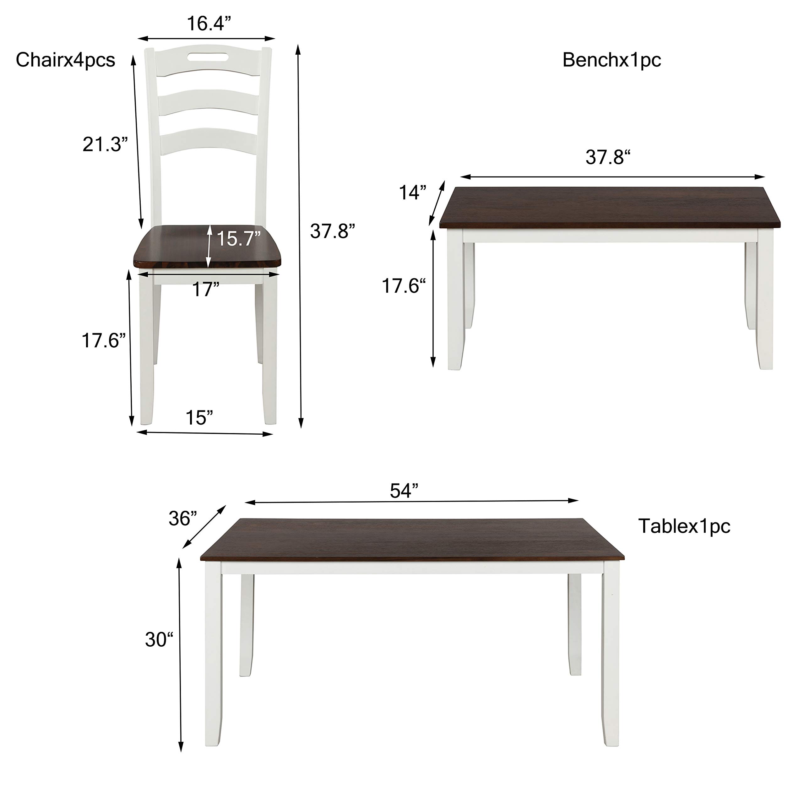 RUNWON Piece Family Rectangular Dining Table Set for 6,Farmhouse Rustic with 4 Chairs and 1 Bench Ideal for Kitchen, OneSize, Ivory