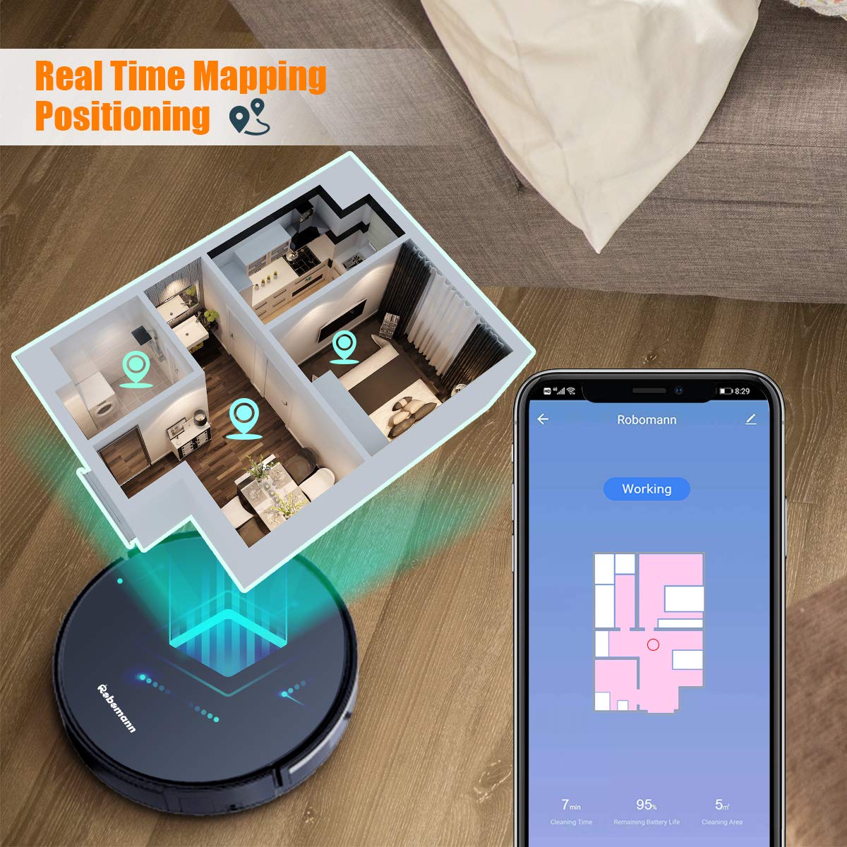 Robot Vacuum and Mop Cleaner, Robomann X9 Adopt Upgraded GYRO Navigation Technology, App Control, Scheduled, 600ML Dustbox, 400ML Watertank, 120 Mins Runtime, Compatible with Alexa