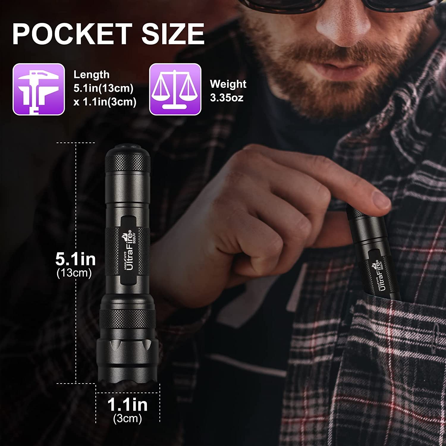 ULTRAFIRE Black Light UV Flashlight, Super Power UV 395-405 nm LED WF-502B Blacklight Flashlights for Leak Detector, Pet Urine Stain, Bed Bug (Not Included Batteries)