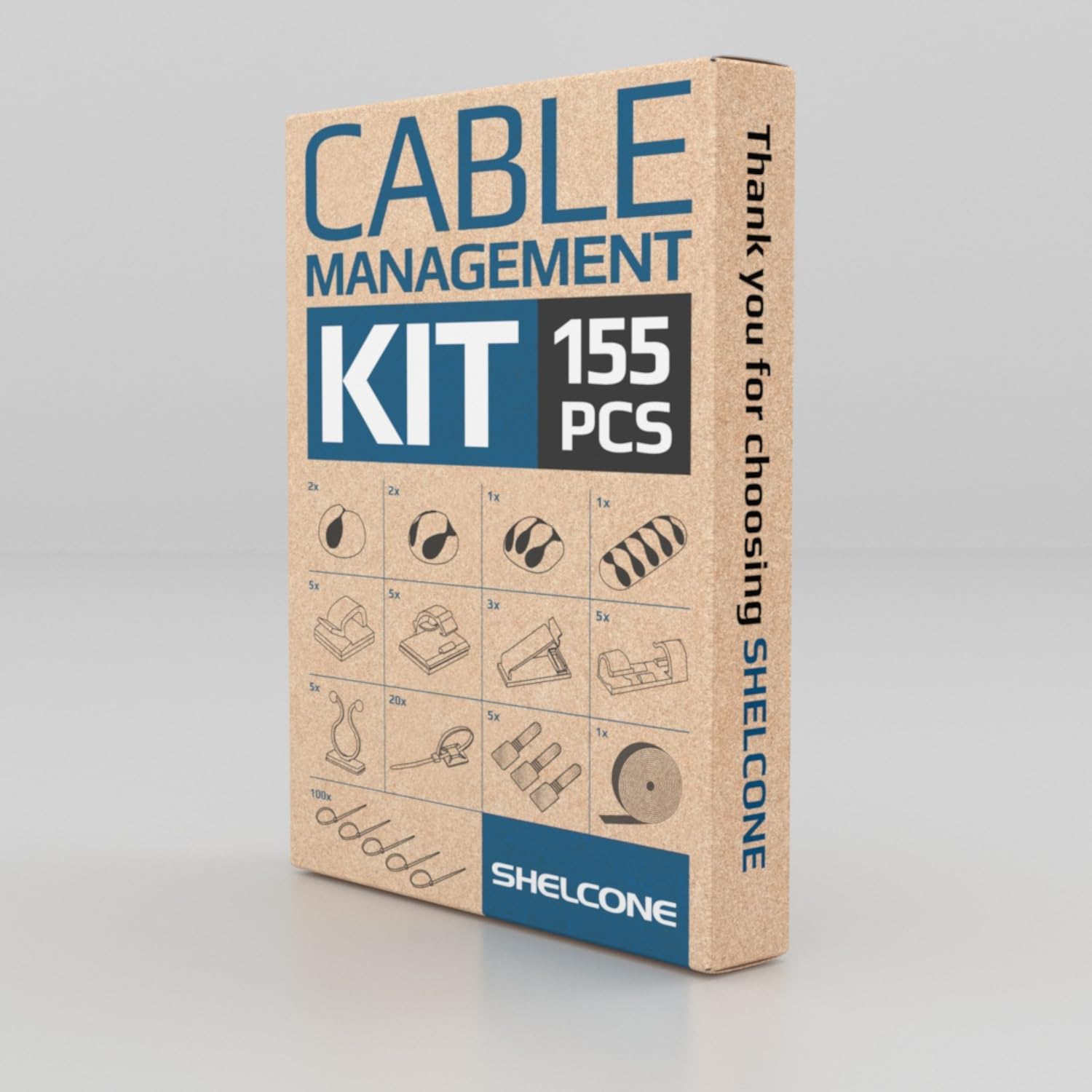 SHELCONE Cable Management Kit 155 PCS, Portable, 23 Adhesive Cable Clips, 3 Cord Holder, 100 Zip Ties, 5 Self Adhesive Cord Holder, 1 Self Adhesive Strap Roll, 20 Zip Tie Mounts (Black)