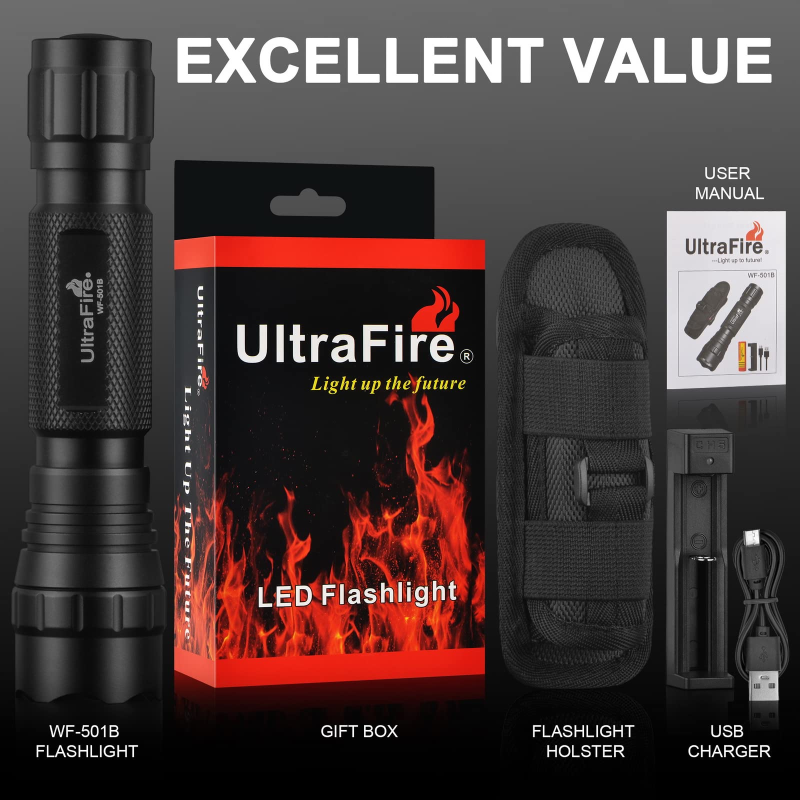ULTRAFIRE Tactical Flashlight with Holster, Single Mode LED Flashlight 1000 High Lumen Duty Flashlights with Belt Holster and Charger, Bright Small Flash Light WF-501B