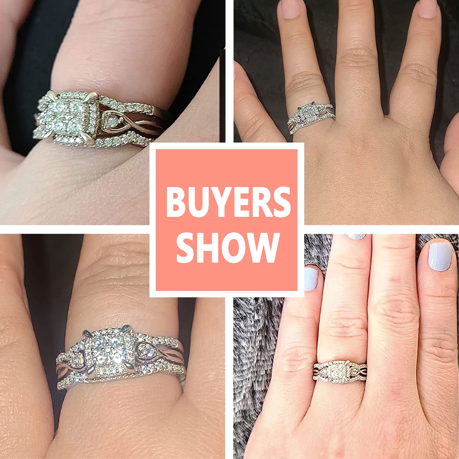 SHELOVES 3Pcs Round White Cubic Zirconia Princess Halo Wedding Ring Set Solid Sterling Silver Vintage Style Sz 9