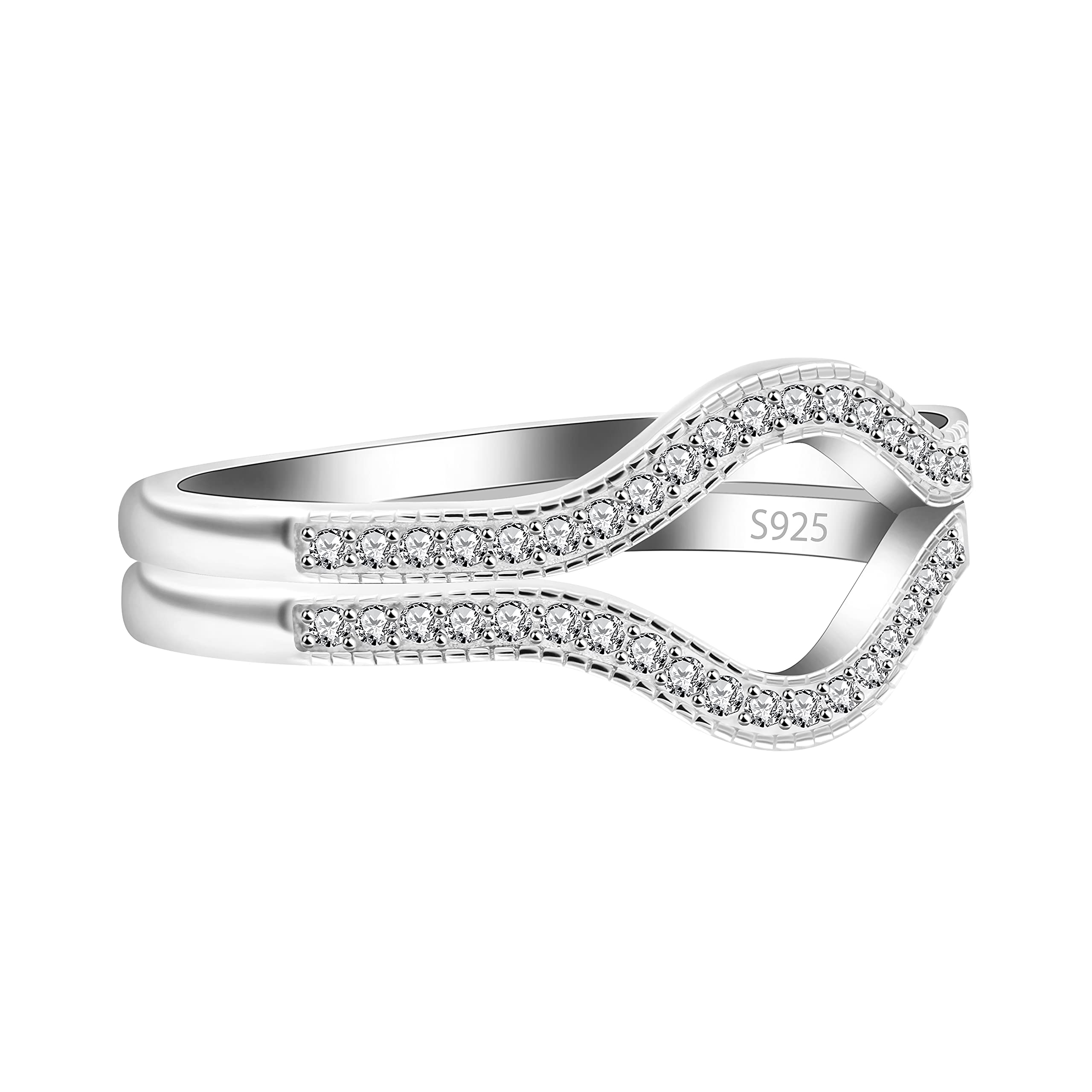 Uloveido 2 Silver Color Stackable Rings Set for Women with Cubic Zirconia, Rhodium Plated Sterling Silver Wedding Engagement Halo Eternity Ring Enhancer Size 7 Y1527