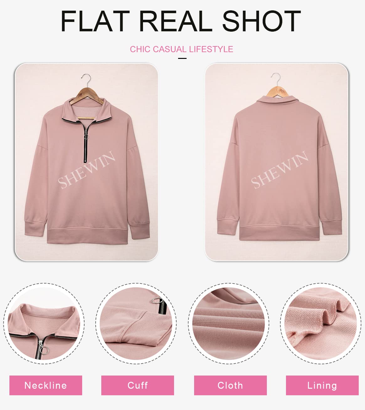 SHEWIN Womens Casual Quarter Zip Pullover Tops Long Sleeve Lapel Zipper Oversized Sweatshirt Loose Fall Fashion Clothes for Women 2023,US 8-10(M),Pink