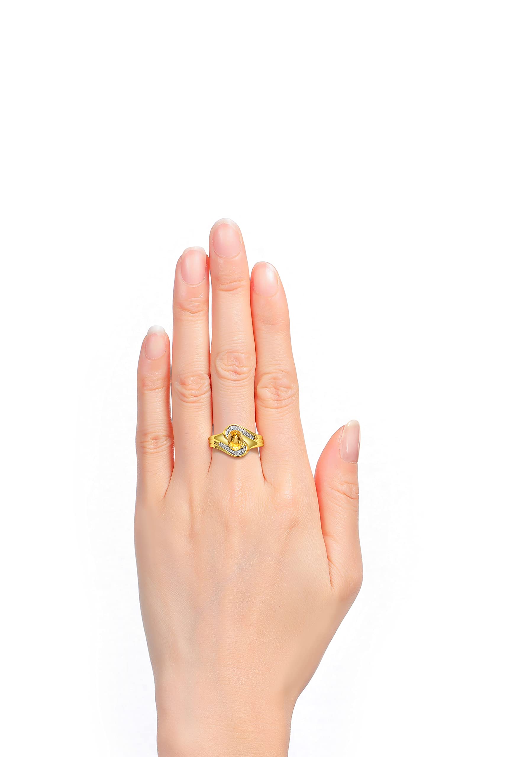 Rylos Rings for Women 14K Gold Plated Silver Swirl Ring with 7X5MM Oval Gemstone & Diamond Ring November Citrine Jewelry Size 7