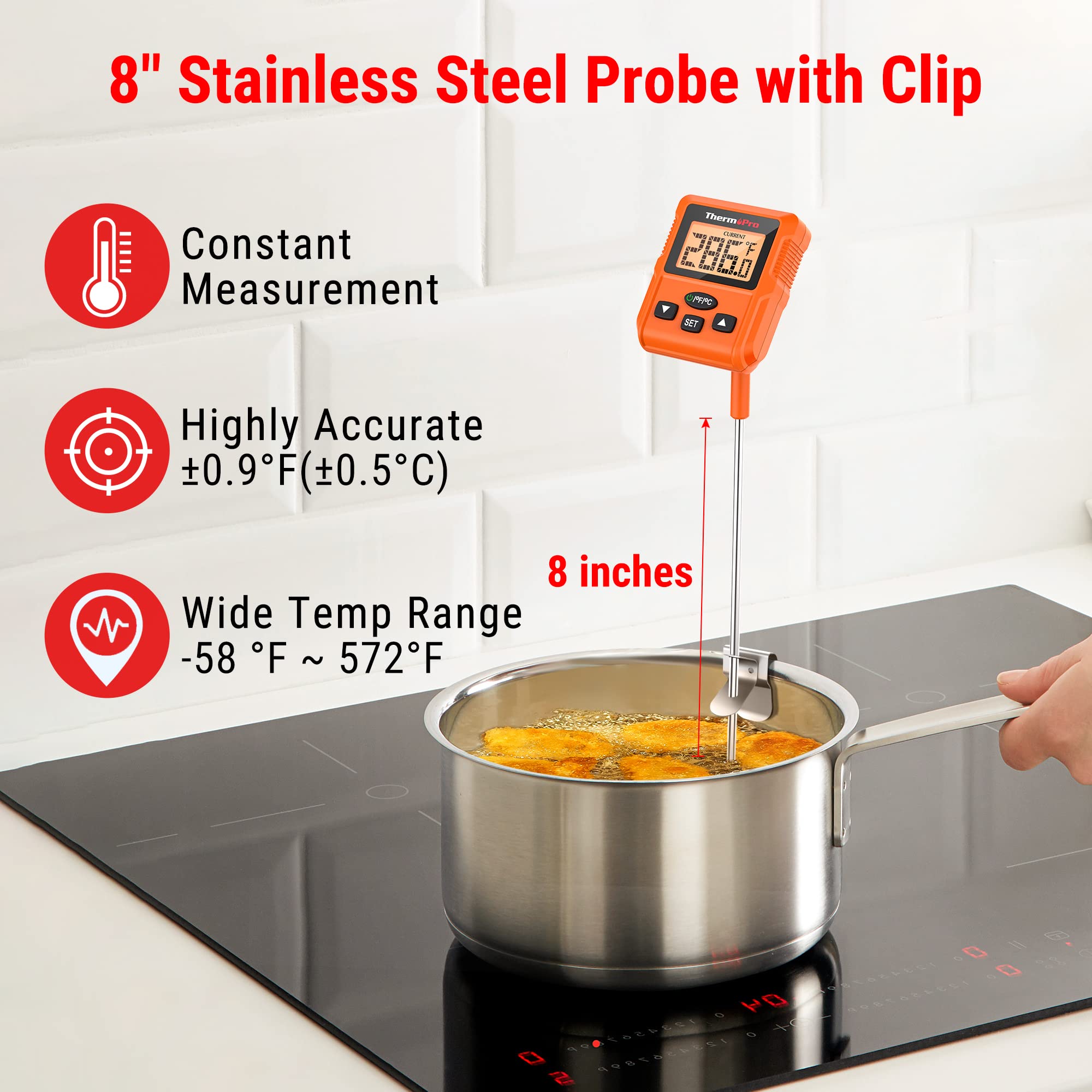 ThermoPro TP511 Digital Candy Thermometer with Pot Clip, Programmable Instant Read Food Meat Thermometer with 8'' Long Probe for Smoker Baking Grilling Candle Liquid Oil Deep Fry Thermometer