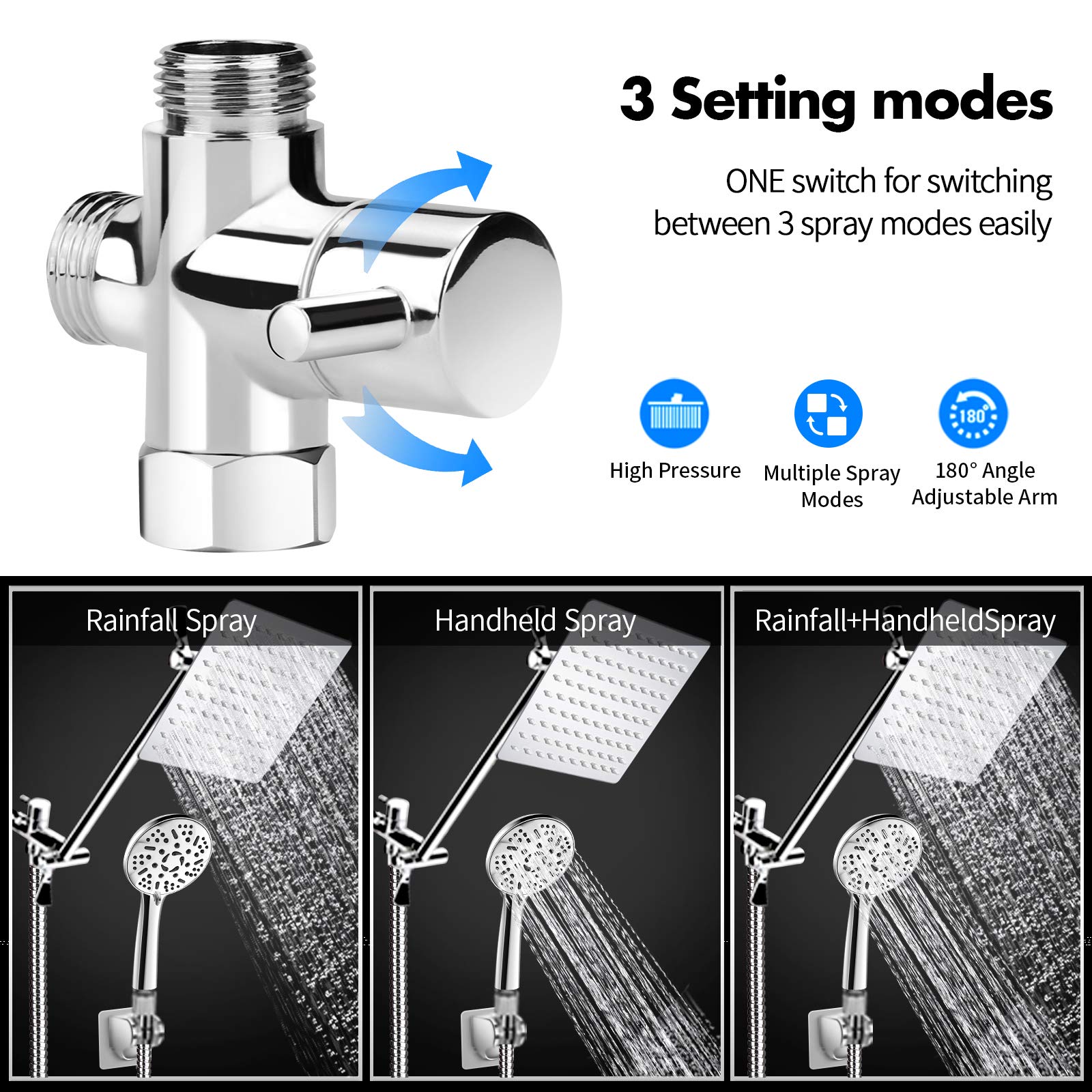 UDOGI Shower Head with Handheld, High Pressure 8" Rain/Rainfall Shower Head Combo with 5FT Stainless Steel Hose, 11" Adjustable Extension Shower Arm, 9 Settings Anti-leak Shower Head with Holder
