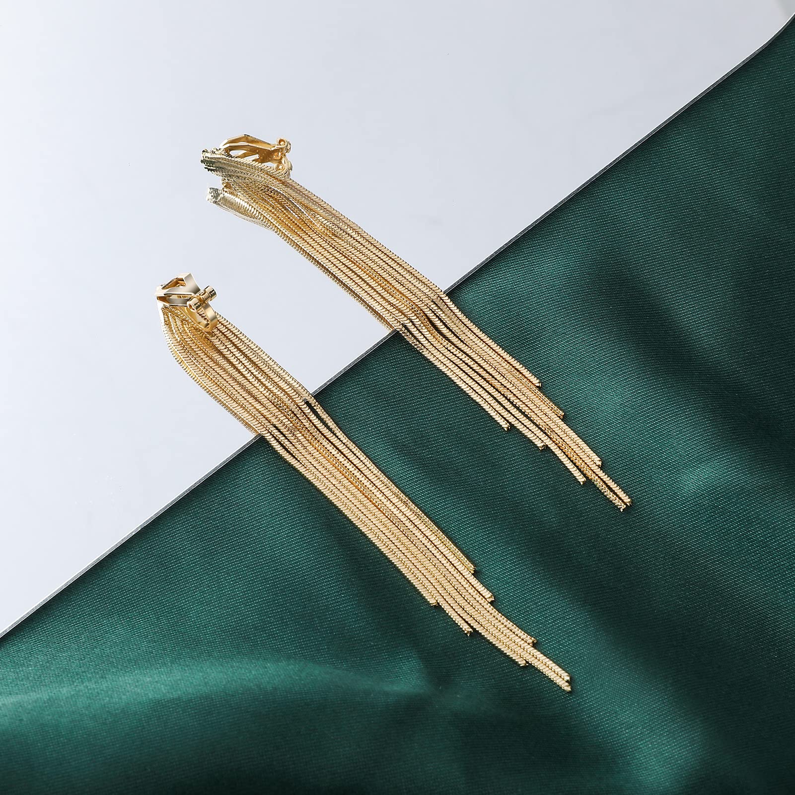 Women Long Tassel Clip On Dangle Earrings Gold Punk Sleek Metal Chain Clip Earrings Statement Wedding Bridesmaid Jewelry