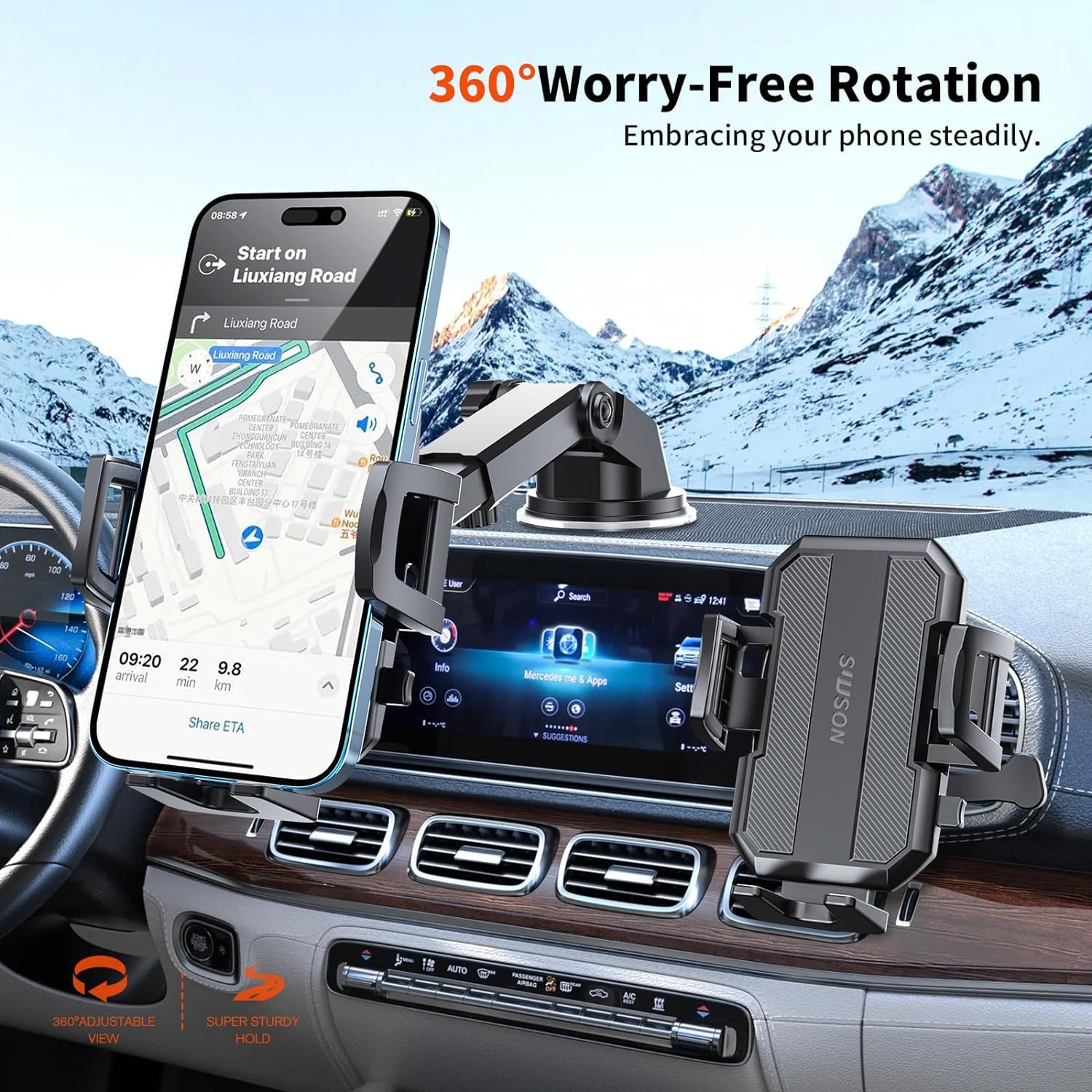 SUUSON Car Phone Holder Mount [Upgraded]-[Bumpy Roads Friendly] Phone Mount for Car Dashboard Windshield Air Vent 3 in 1,Hand Free Mount for iPhone 15 14 13 Pro Max Samsung All Cell Phones (Black)