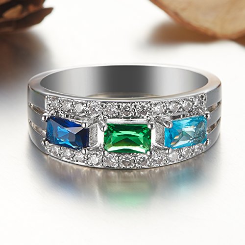 Psiroy 925 Sterling Silver Created Emerald Quartz Filled 3 Stone Ring Stacking Band Size 6