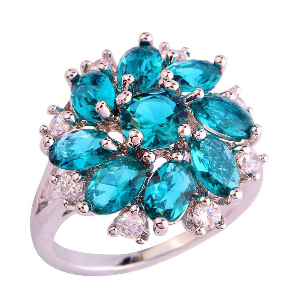 Psiroy Women's 925 Sterling Silver Plated Simulated Green Topaz Flower Statement Ring Size 11