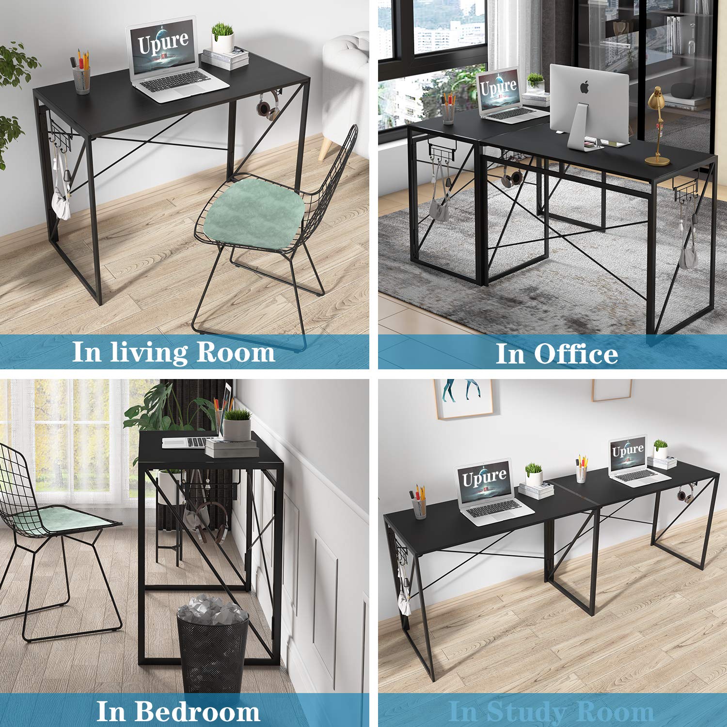 Upure Folding Computer Desk 40" Modern Simple Study Table Foldable Desk Gaming Desk with Removable Hook Home Office Desk Black