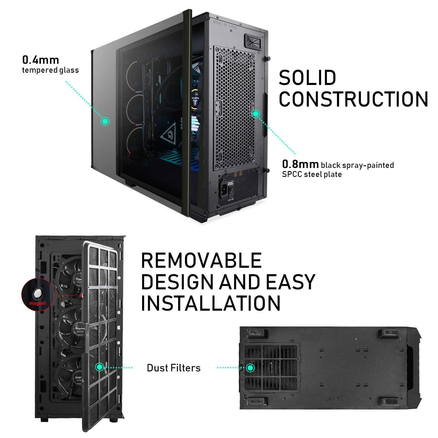 Segotep Phoenix ATX Black Mid Tower PC Gaming Computer Case USB 3.0 Type-C Ports/Graphics Card Vertical Mounting with Tempered Glass & RGB Front Panel (PC Case ONLY)