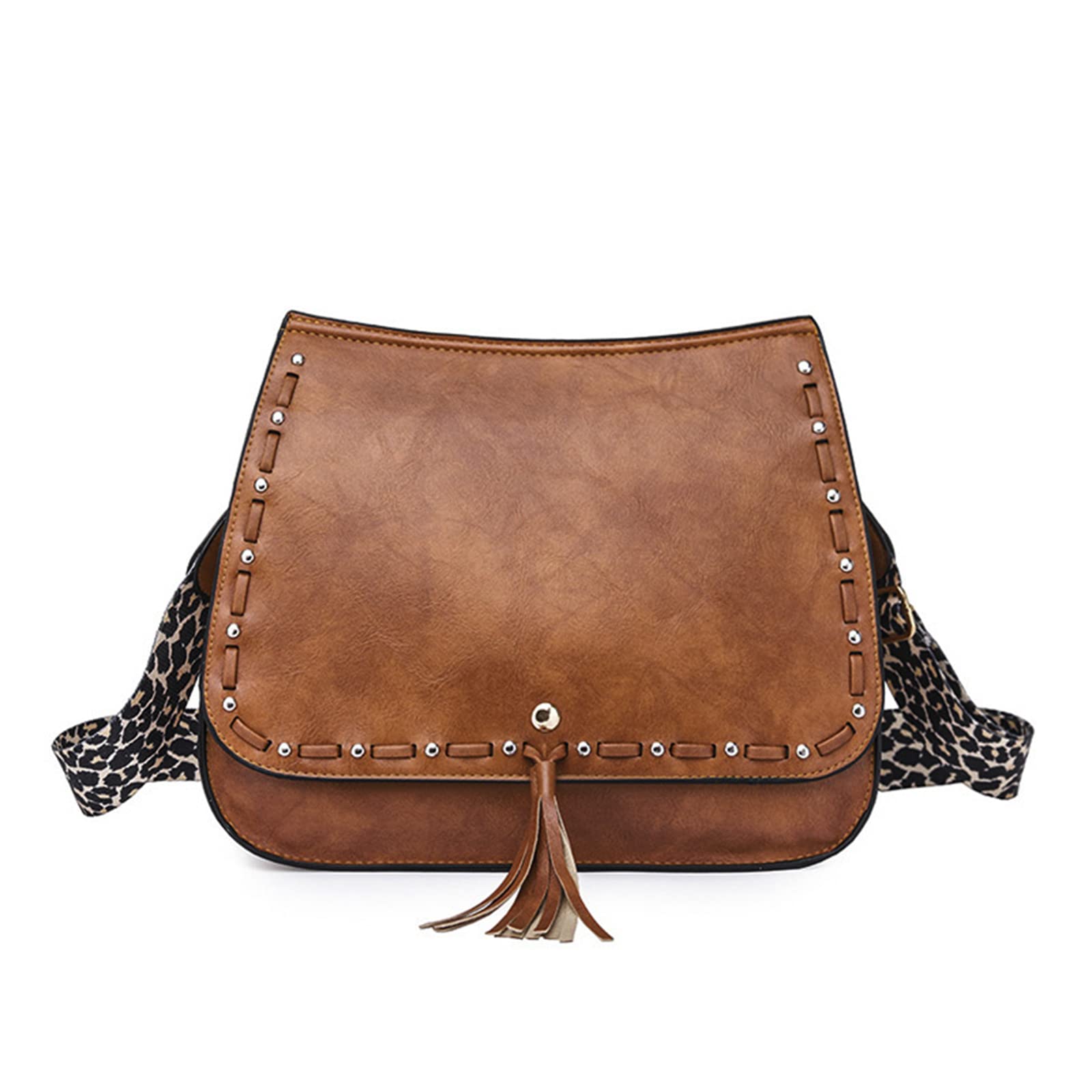 Women Shoulder Crossbody Purse with Wide Guitar Strap, Tassel Design Handbags Vintage Satchel Purse, Brown