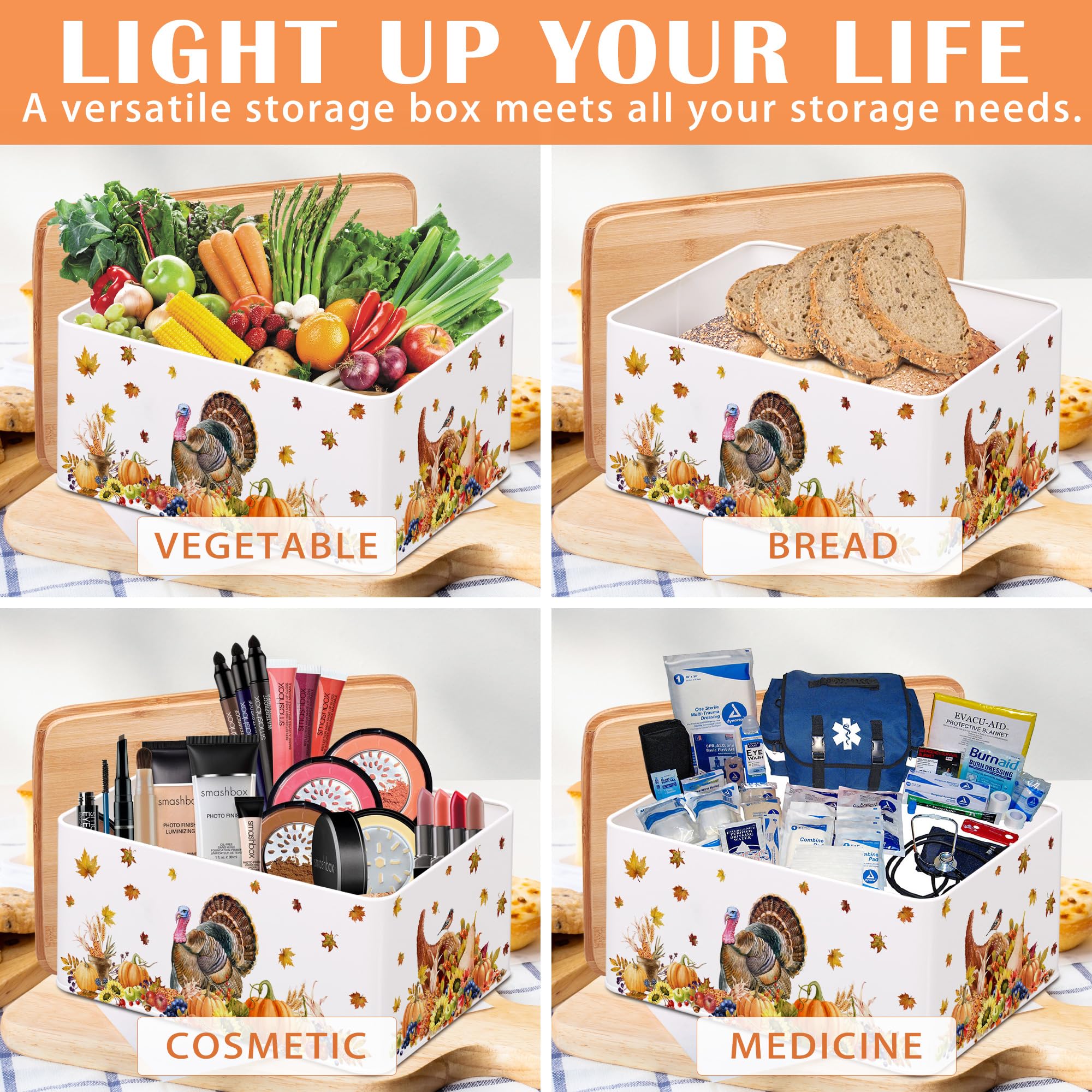 Thanksgiving Decorations, Turkey Thanksgiving Bread Box with Lid, Thanksgiving Bread Storage Kitchen Countertop Decor, Metal Farmhouse Rustic Home Bread Keeper Container Organizer 13"x8.3"x5.1"