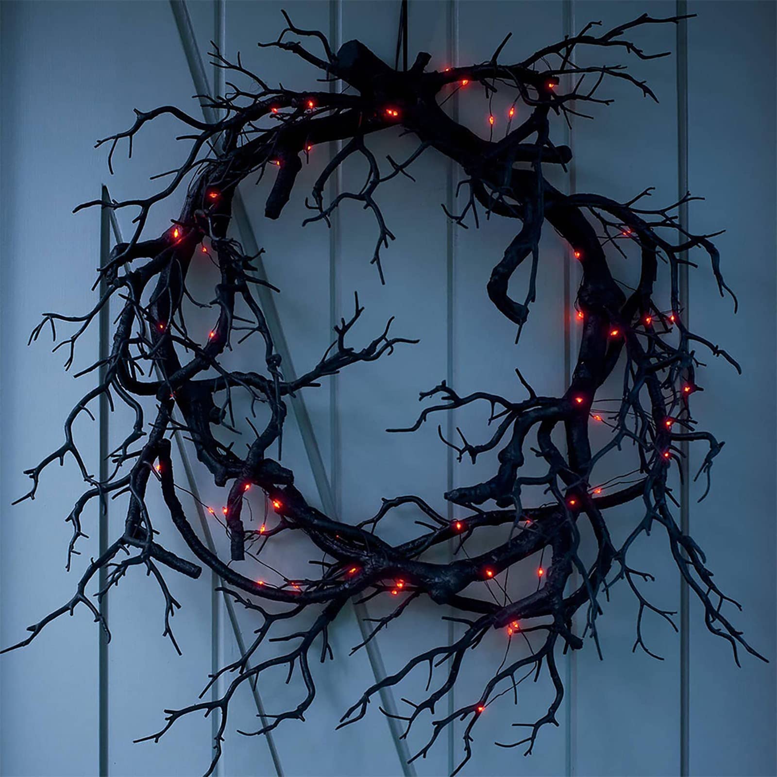 Pre-lit Halloween Wreaths for Front Door Decorations, Black Branches Halloween Wreath with Lights, Door Hanging Lighted Wreath Outdoor Halloween Decorations Holiday Party Props (A-Lighted, One Size)