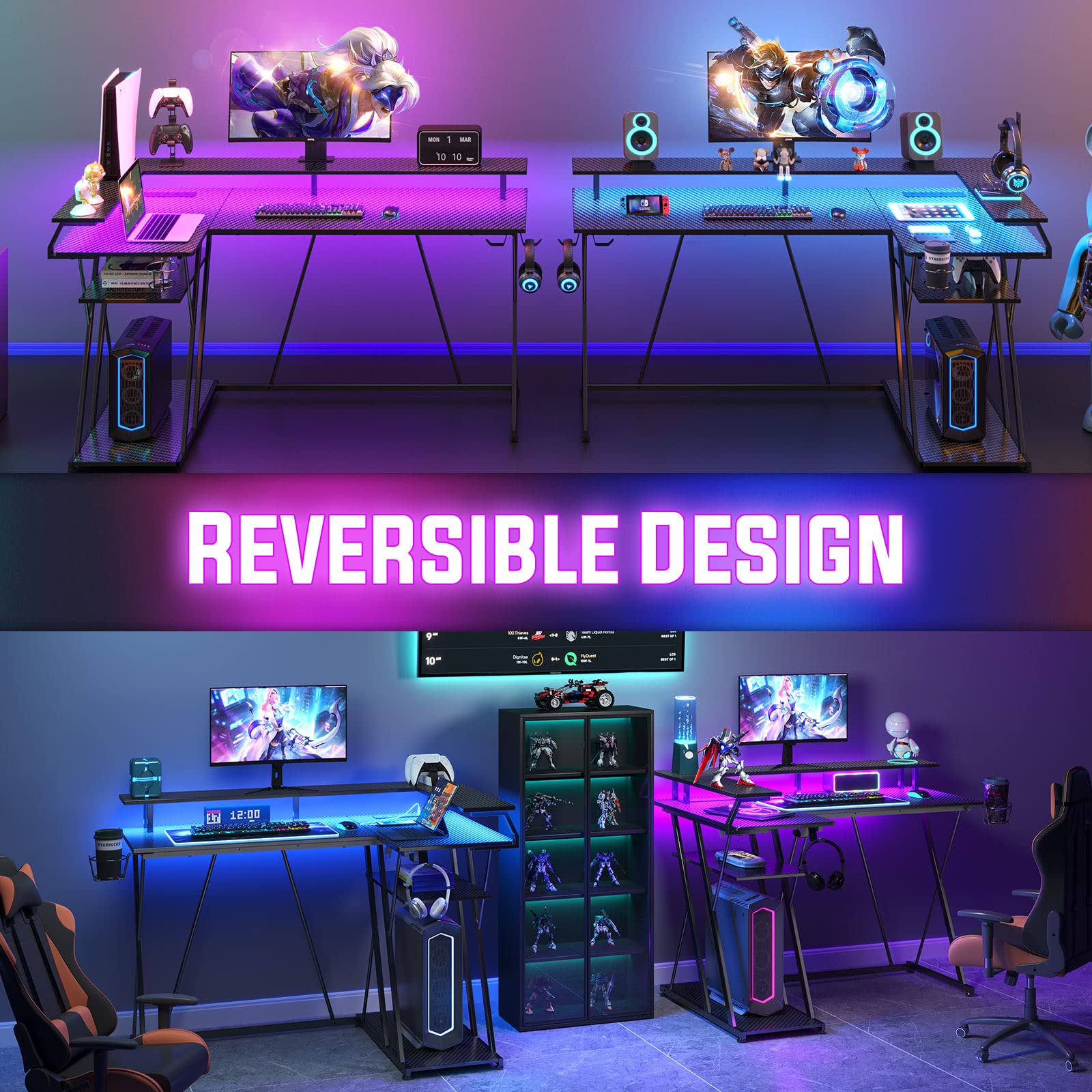 SEVEN WARRIOR L Shaped Gaming Desk with LED Lights & Power Outlets, 43” Reversible Corner Desk with Storage Shelf, Computer Desk with Monitor Stand, Gaming Table with Cup Holder, with Hooks, Black