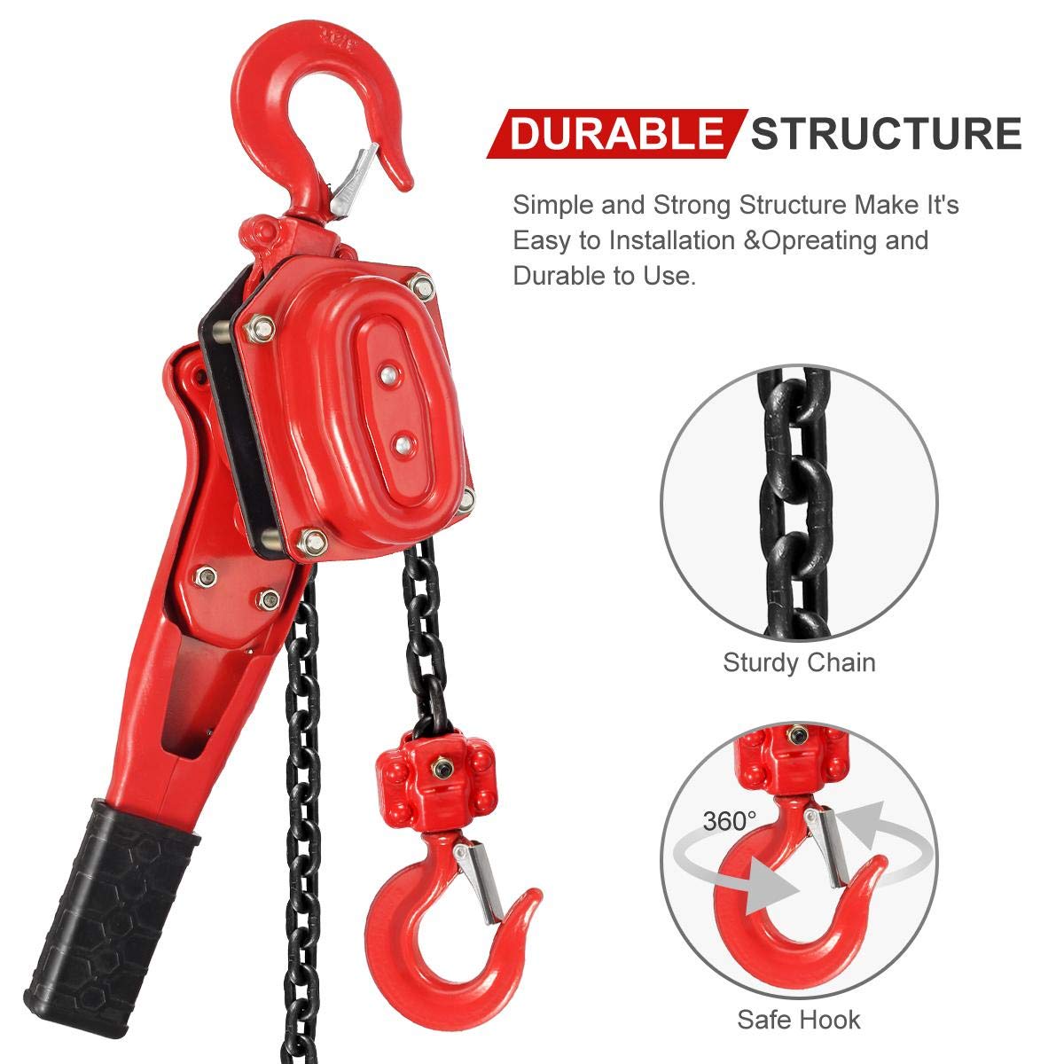 Partsam 1650LBS Capacity Lever Hoist Come Along 5FT 3/4 TON Lift 2 Heavy Duty Hooks &1Pcs Premium Towing Strap for Lifting Pulling Building Garages Attic Warehouse Automotive