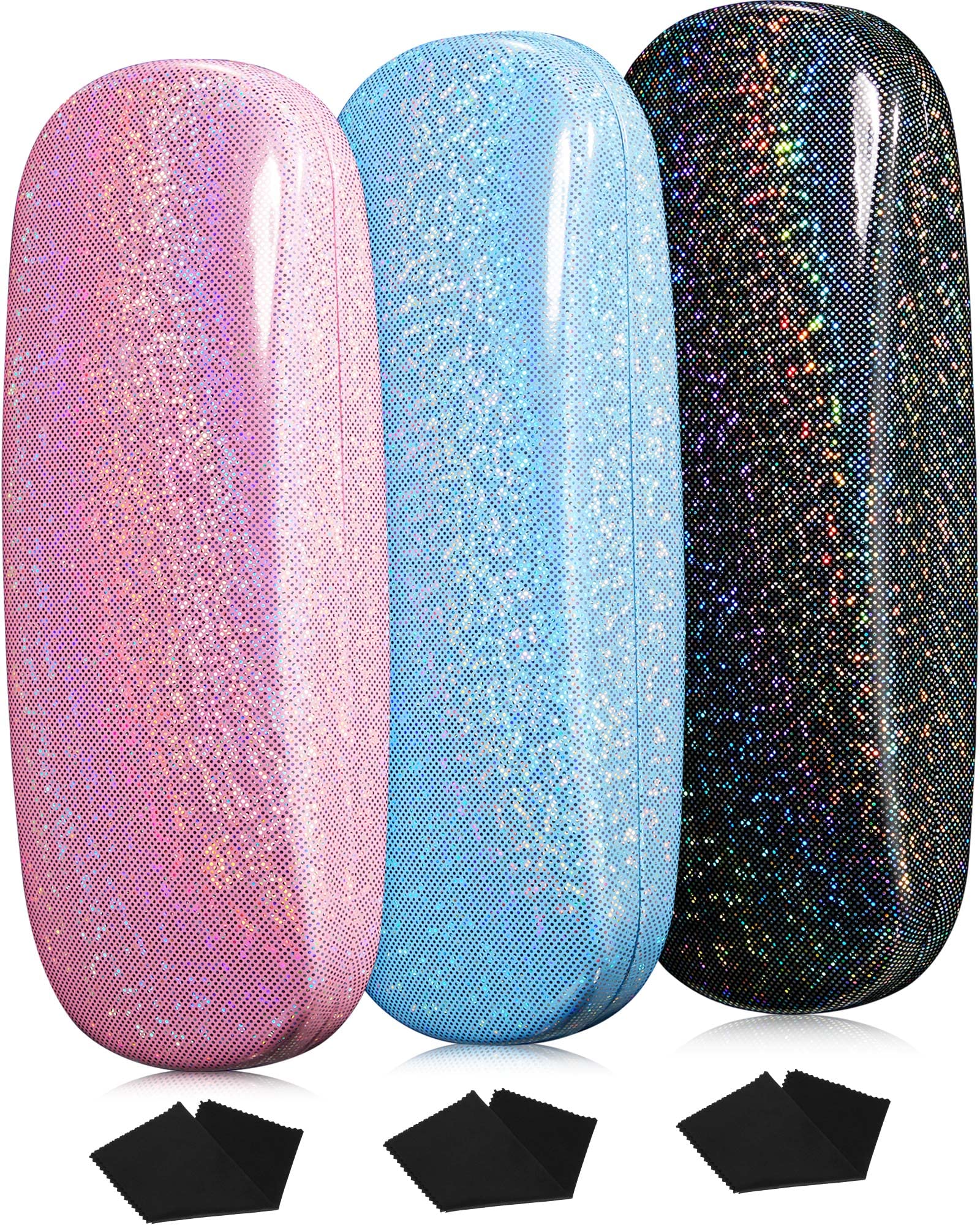 Weewooday 3 Pcs Hard Shell Eyeglasses Cases Glitter Sunglasses Protective Unisex Glasses Case with Cleaning Cloth (Pink, Blue, Black), 6.3 x 2.4 x 1.2 inches/ 16 x 6 x 3 cm