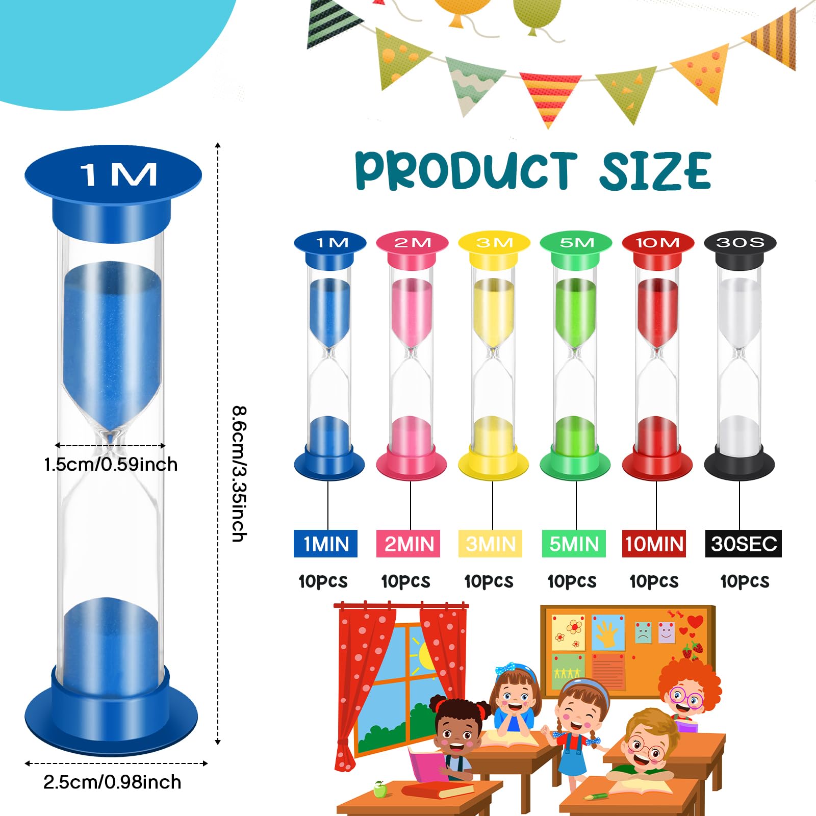 Xuhal 60 Pcs Back to School Sand Timer for Classroom Small Colorful Plastic Hourglass Sand Clock Bulk Hour Glass 30sec/ 1min/ 2mins/ 3mins/ 5mins/ 10mins for School Kids Teacher Learning Games