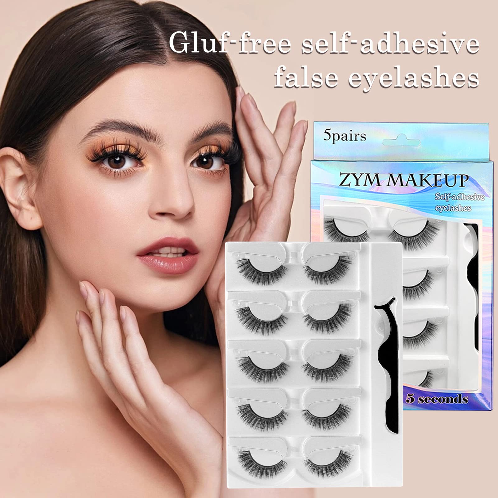 Self Adhesive Eyelashes(5 Pairs), Reusable, Natural Look, Self Sticking No Glue Lashes for Women, Five Styles False Eyelashes Kit