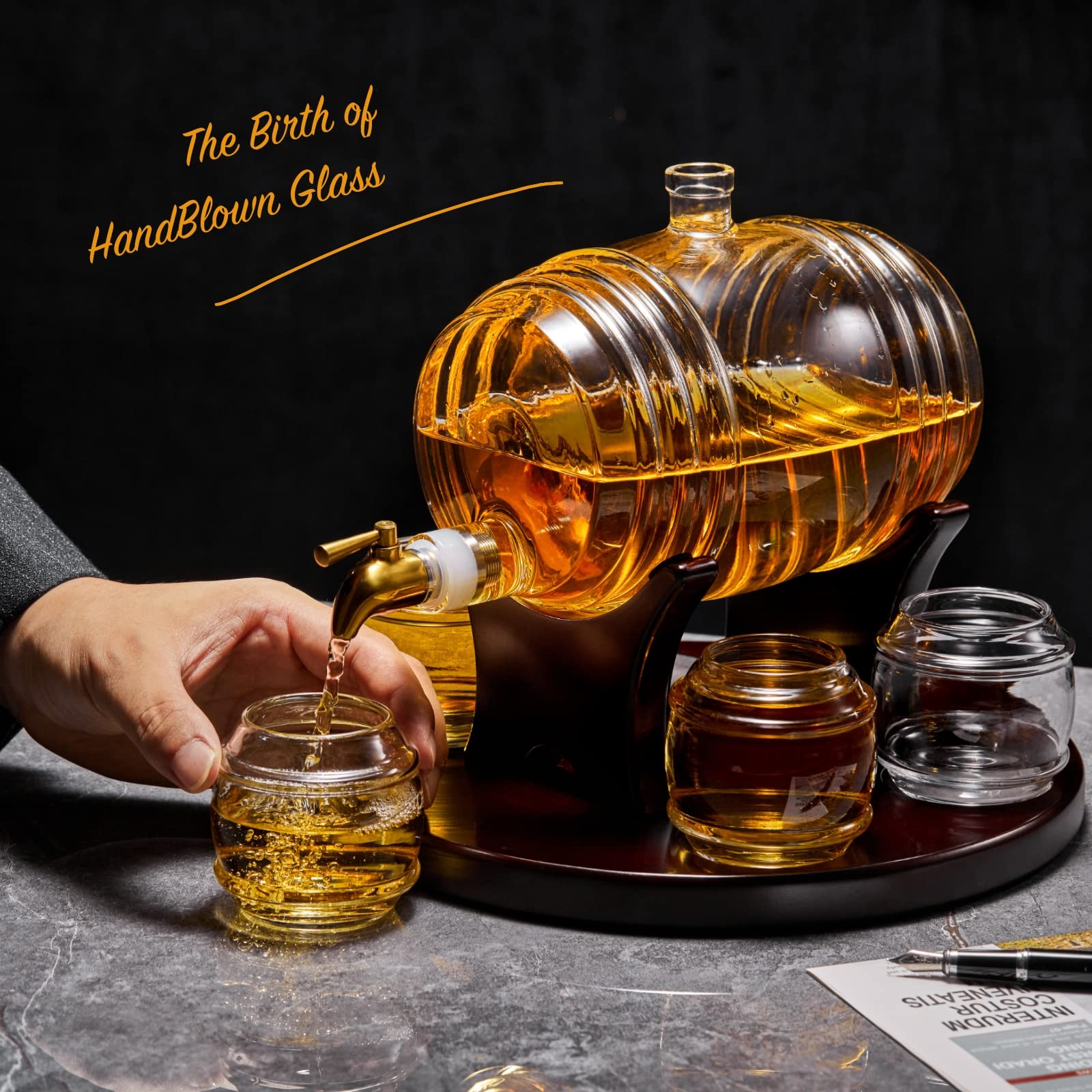 Whiskey Barrel Decanter Set - Liquor Dispenser Birthday Valentine's Day Gifts Ideas for Men Husband - 1350ML Decanter with 4 Whiskey Glasses for Alcohol, Bourbon, Scotch, Vodka, Tequila, Wine