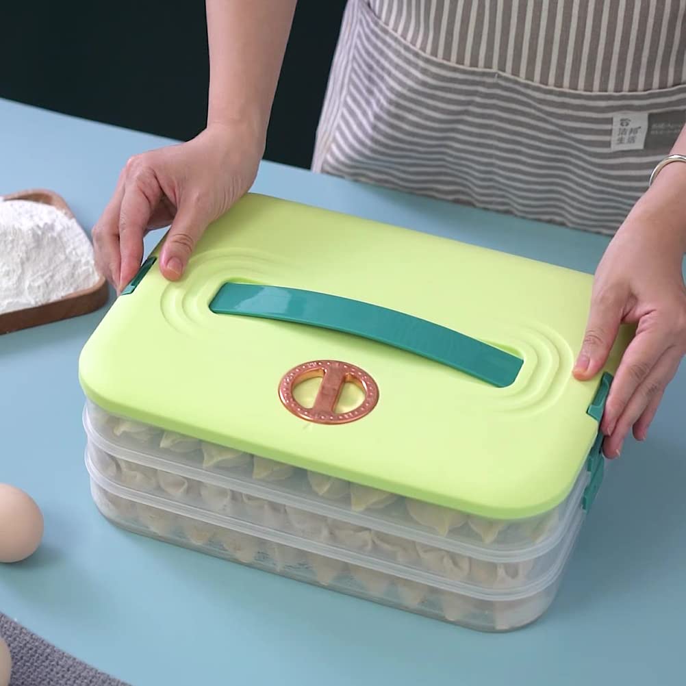 YQkoop Refrigerator Food Shelf Dumpling Storage Box, 3 Layered Stackable Plastic Storage Bins Tray Container with Lid for Bathroom, Food, Snack, Fruit, Vegetables