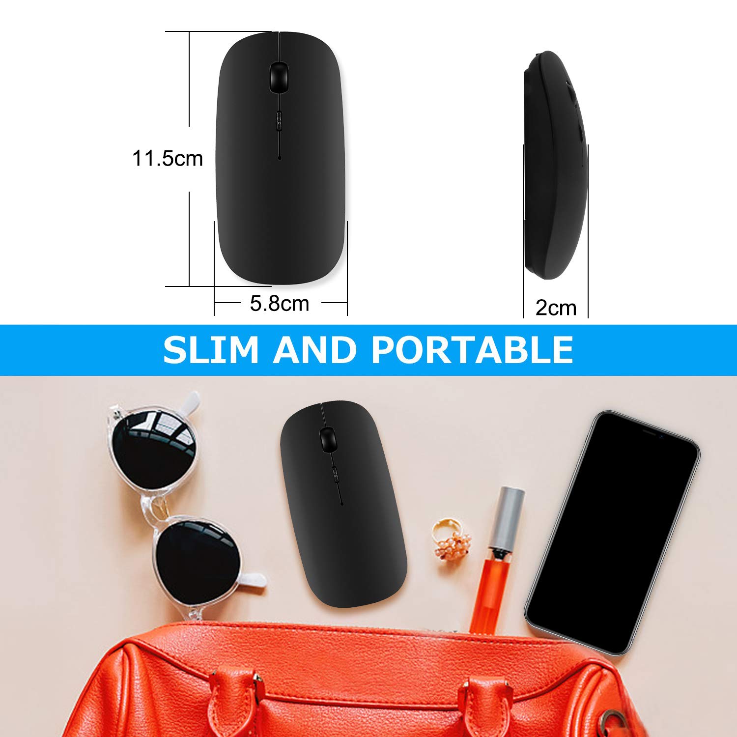 QIJIAYI 2.4GHz Wireless Bluetooth Mouse, Dual Mode Slim Rechargeable Wireless Mouse Silent USB Mice, 3 Adjustable DPI,Compatible for Laptop Windows MacBook Android MAC PC Computer (Black)