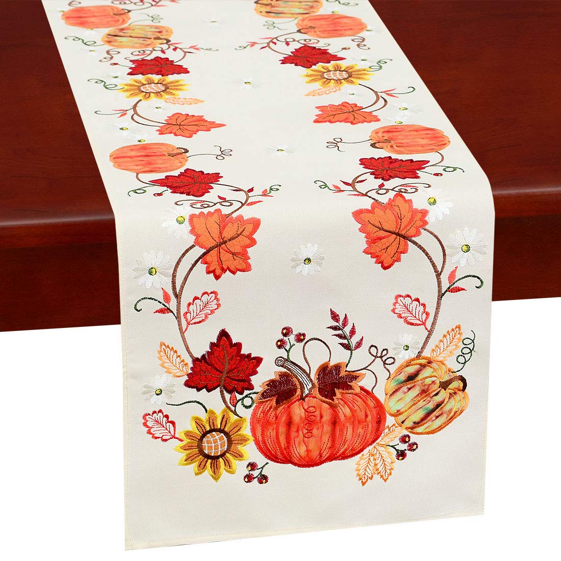 Simhomsen Fall or Autumn Harvest Table Runner for Thanksgiving, Appliqued Pumpkins, Sunflowers and Maple Leaves (14 × 70 inch)