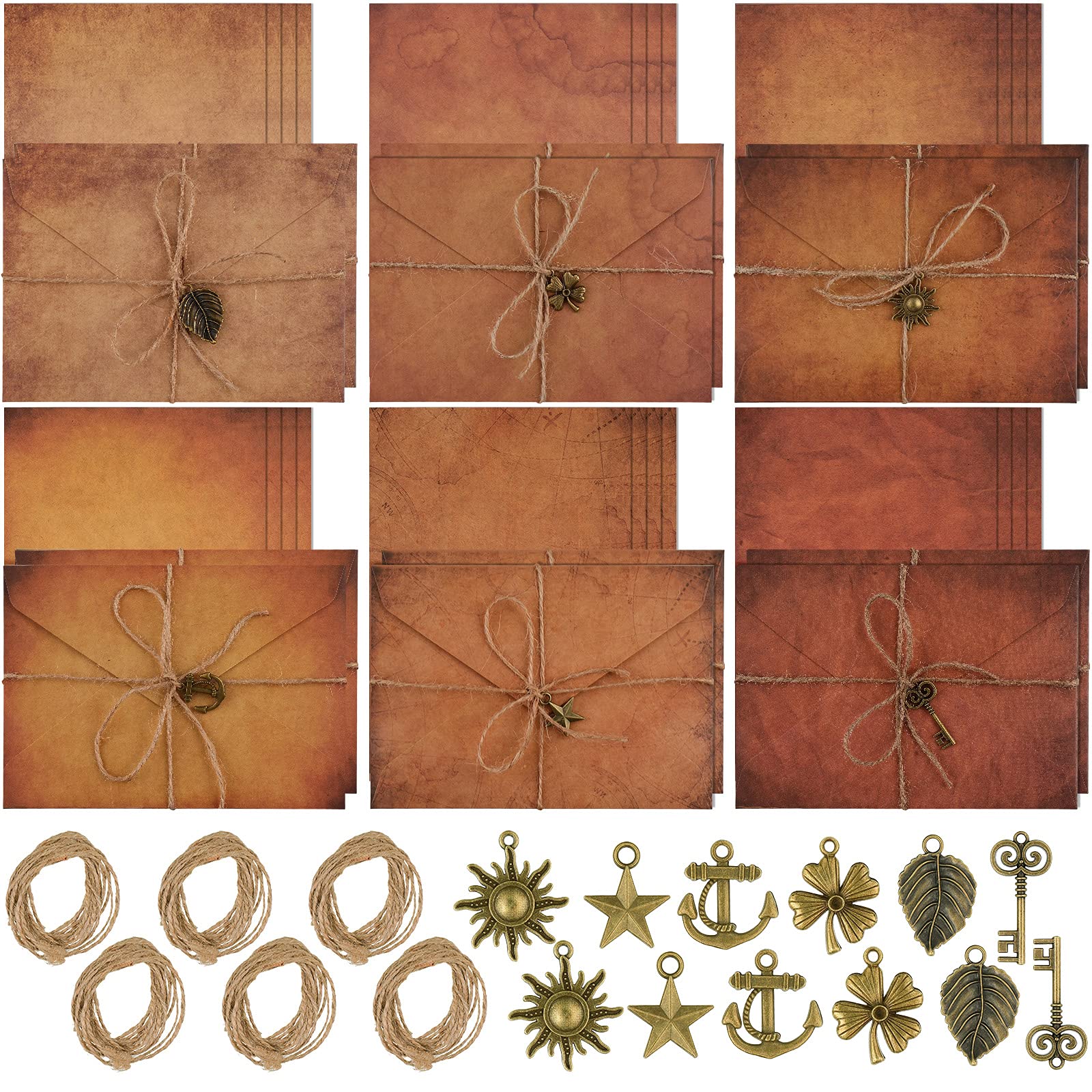Vintage Stationary Paper and Envelopes Set, Writing Stationery Paper Letter and Envelopes Includes Sheets Antique Letter Papers, Kraft Envelopes, Retro Accessories, Rope (60 Pieces)