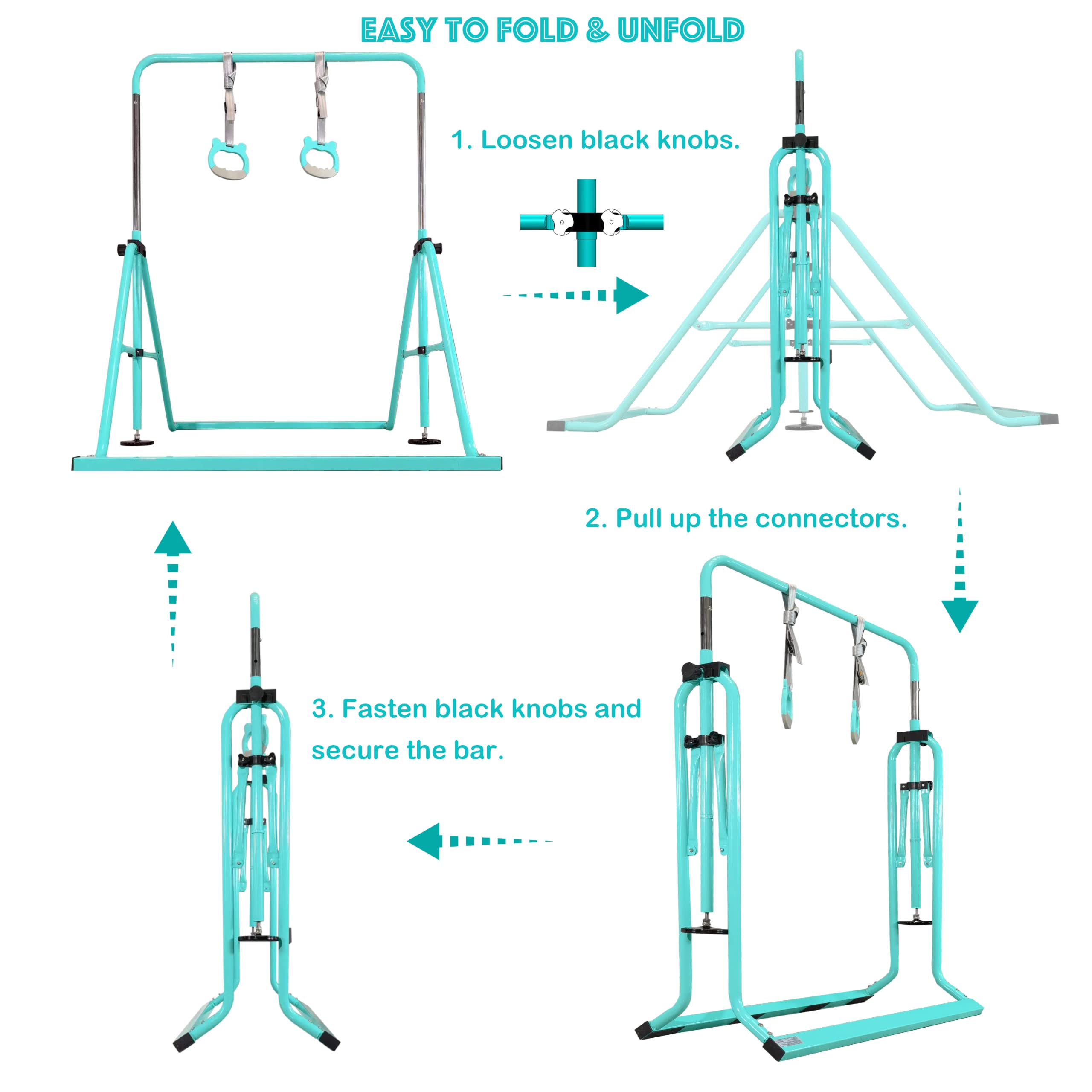 PreGymnastic Updated Folding Gymnastics Bar with Rings, Foldable Kip Bar with Sturdier Base, Gymnasitc Training Bar for Kids Ages 3-10, Gymnastic Horizontal Bars, Home Gym Equipment for Boys Girls