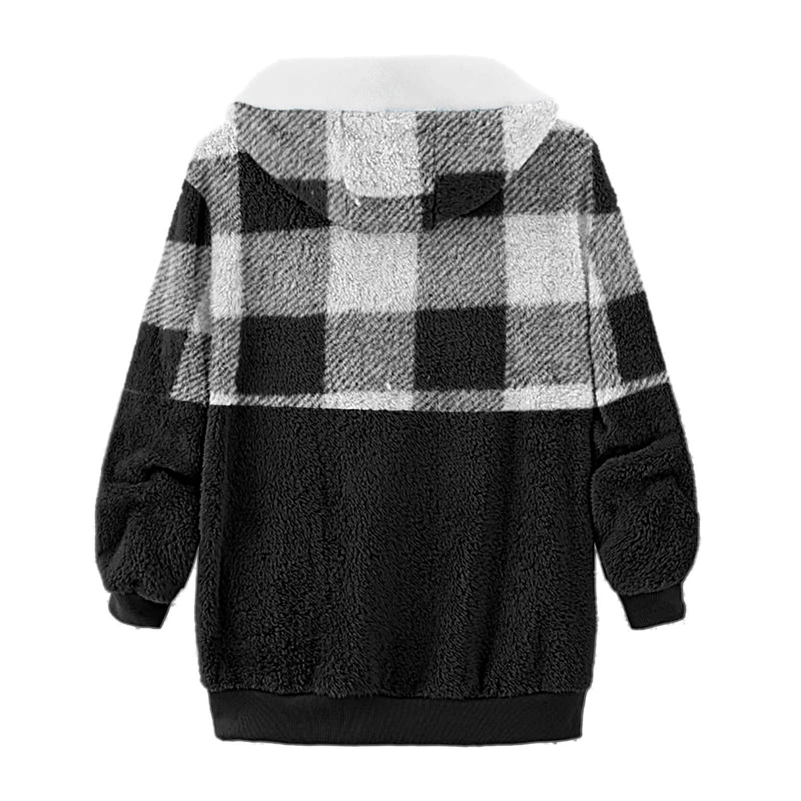 Women's Plaid Fleece Hooded Jacket Flannel Lined Long Sleeves Drawstring Sweatshirt Fuzzy Shirt Coat Blouse Tops