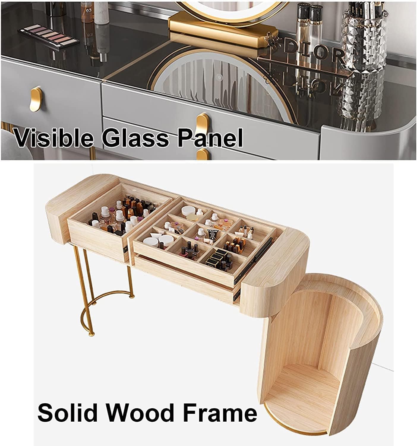 SAAKO Gorgeous Vanities Vanity Desk with Led Mirror Dressing Table Glass Top Nightstand with Makeup Chair Makeup Vanity 3 Drawers Vanity Table Set Elegant Design