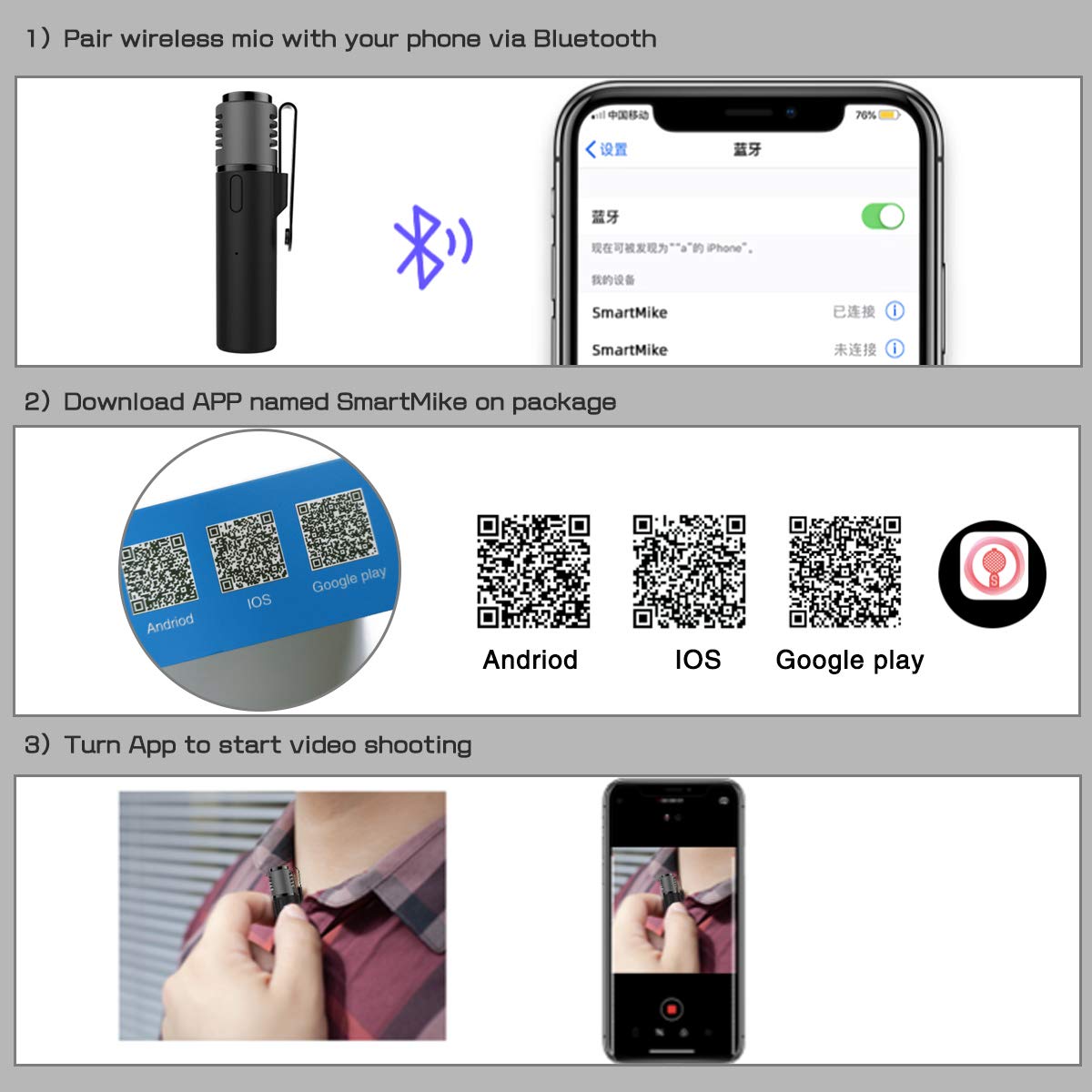 WinBridge Bluetooth Lavalier Microphone, Wireless Lavalier Microphone for iPhone, Wireless Clip On Mic Perfessional for Recording,Teaching,Bloggers,Vlogger,Interview Video