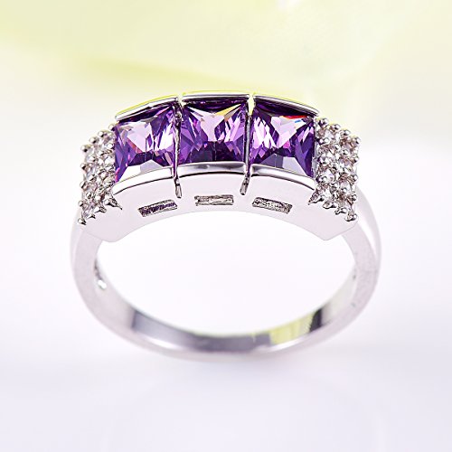 Psiroy 925 Sterling Silver Created Amethyst Filled 3 Stone Ring Band Size 6