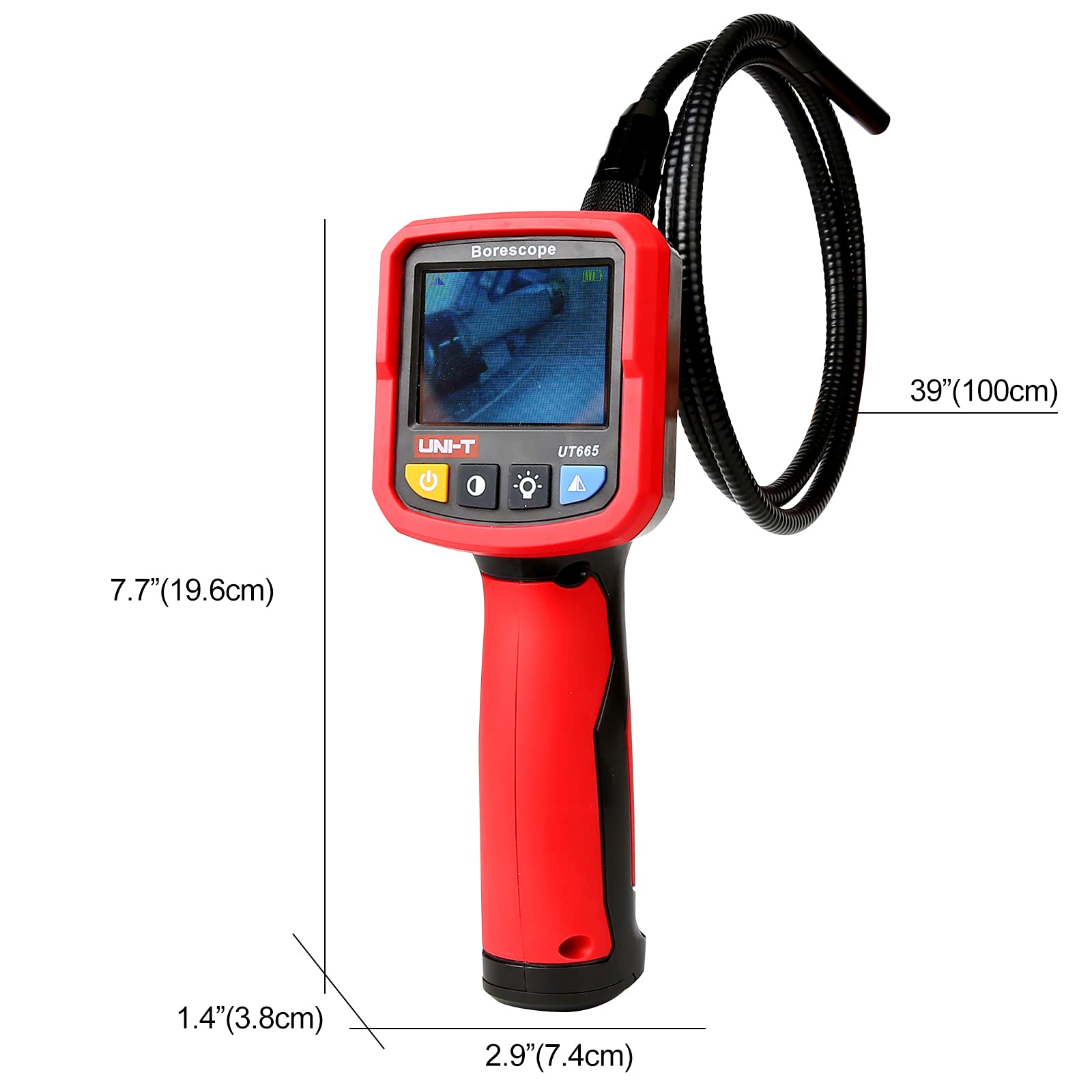 UNI-T Industrial Endoscope UT665 Digital Borescope Sewer Camera for Engine HVAC Chimney Inspection Automotive Maintenance, 4 LED Lights 2.4β Screen Handheld Camera Snake Cable 3.3FT/1M IP67 Waterproof