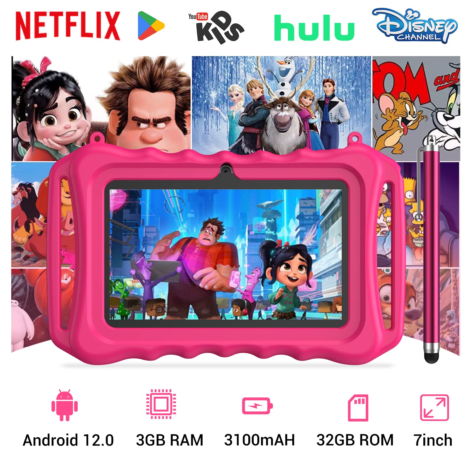 Tablet for Kids,7 inch Tablet for Toddlers 3GB RAM 32GB ROM, Android 12.0 Kids Tablet with Dual Camera, WiFi, Bluetooth, Parental Control, Shockproof Case, YouTube, Netflix,Toddler Tablet for Children