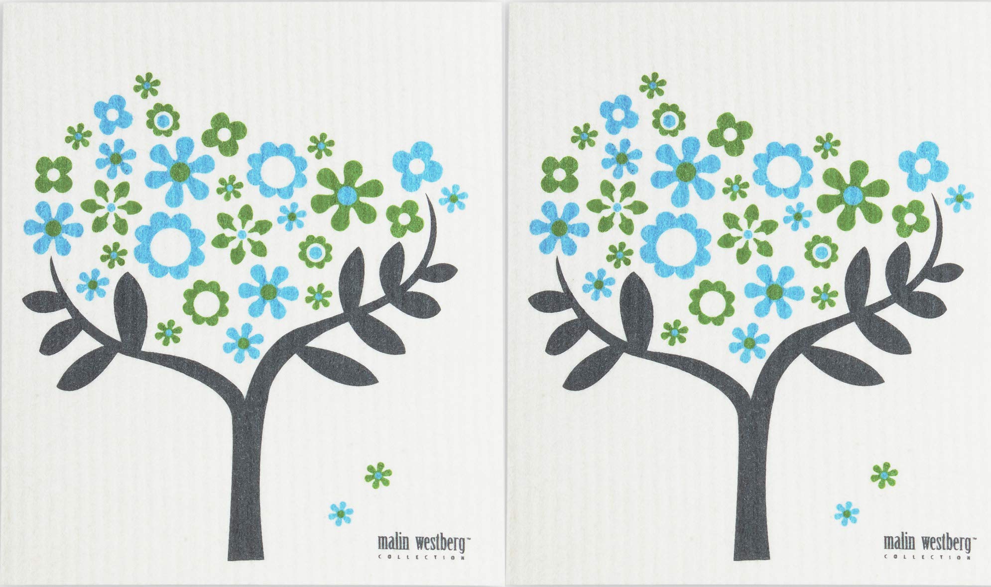 Swedish Dishcloth/Sponge Cloth Eco-Friendly Reusable - Blue Green Malin Westberg Designs (2 Blue-Green Flower Trees)