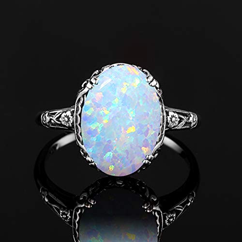 SZJINAO 6CT White Opal Ring Sterling Silver Rings For Women Floral Edwardian Antique Filigree Engagement Wedding Ring (Opal, 7)