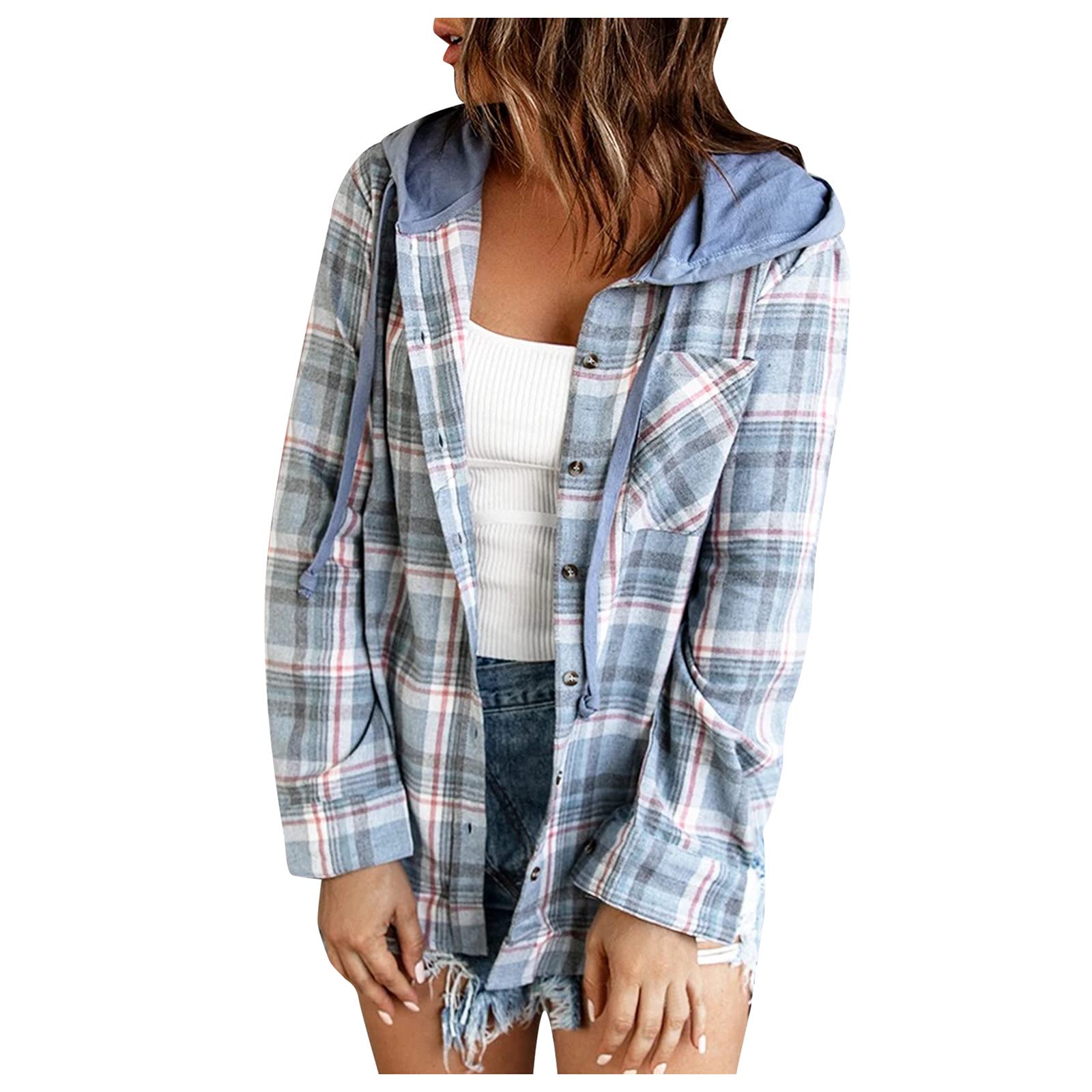 Womens Flannel Color Block Plaid Blouses Button-Down Pocket Long Sleeve Tops Plaid Jackets for Women Blue
