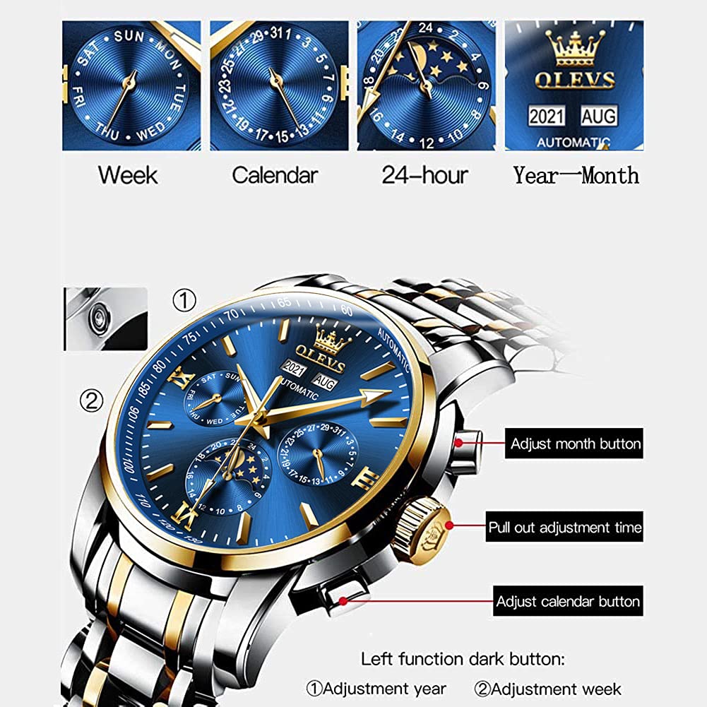 OLEVS Automatic Men Watches Mechanical Self Winding Luxury Dress Moon Phase Dial Blue Face White Stainless Steel Waterproof Luminous Men Wrist Watch