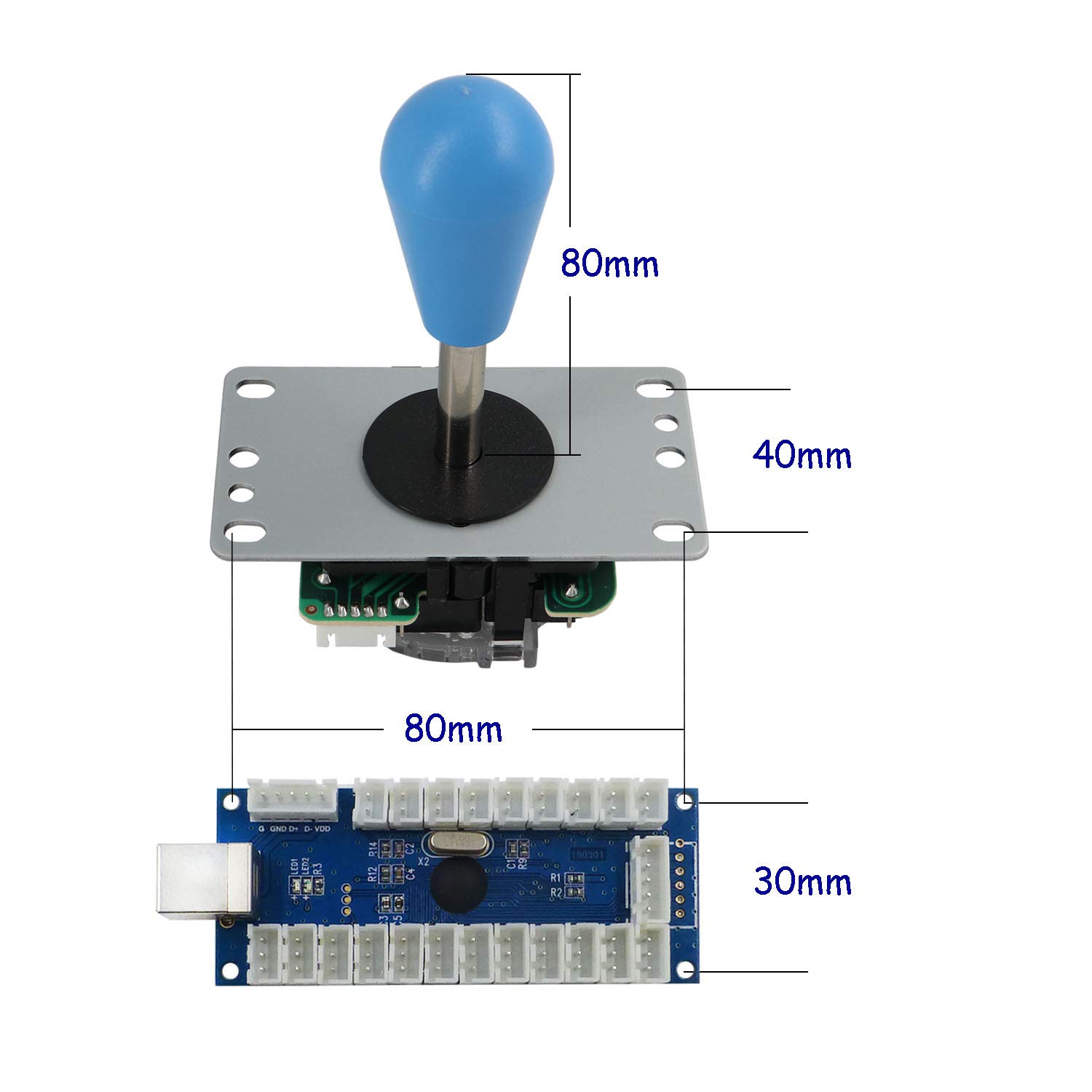 SJ@JX 2 Player Arcade Game Stick DIY Kit Buttons with Logo LED 8 Way Joystick USB Encoder Cable Controller for PC MAME Raspberry Pi Red Blue