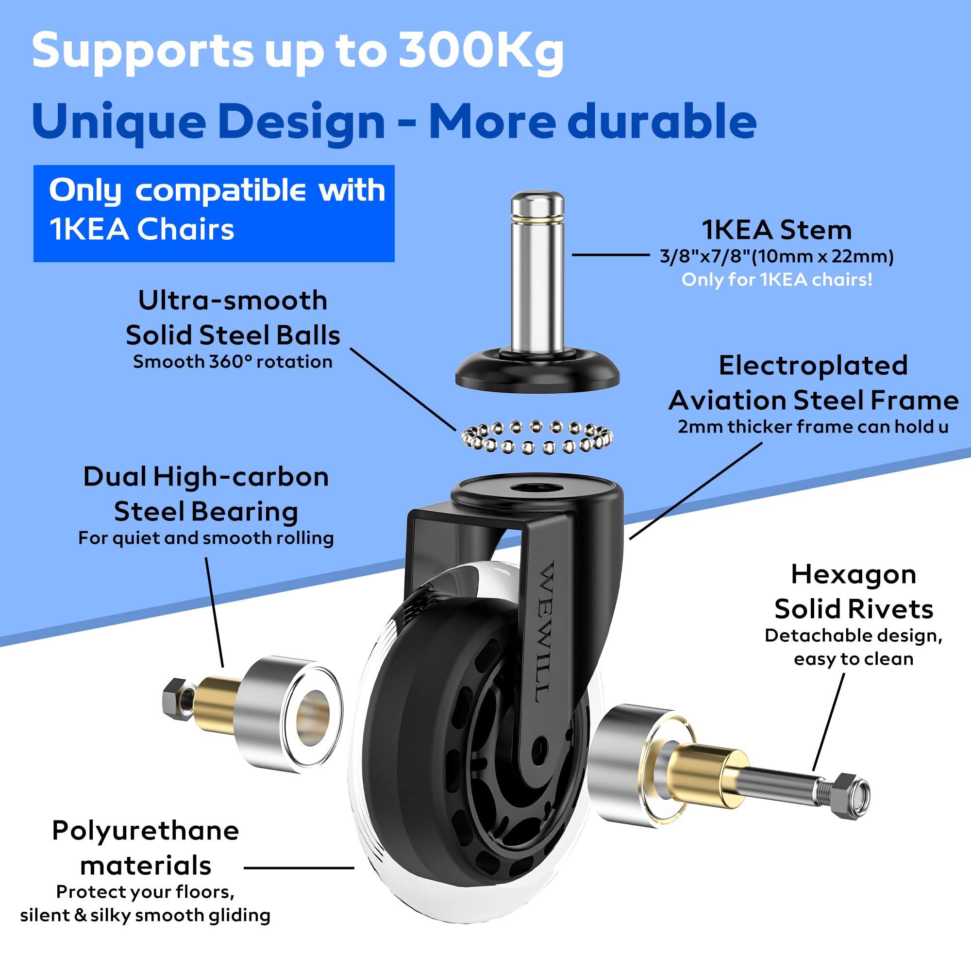 WEWILL Office Chair Caster Wheels 3" Rubber Replacement Chair Casters Up to 300KG Load Capacity Best Protection for Your Hardwood Floors and Carpet(10MM*22MM))
