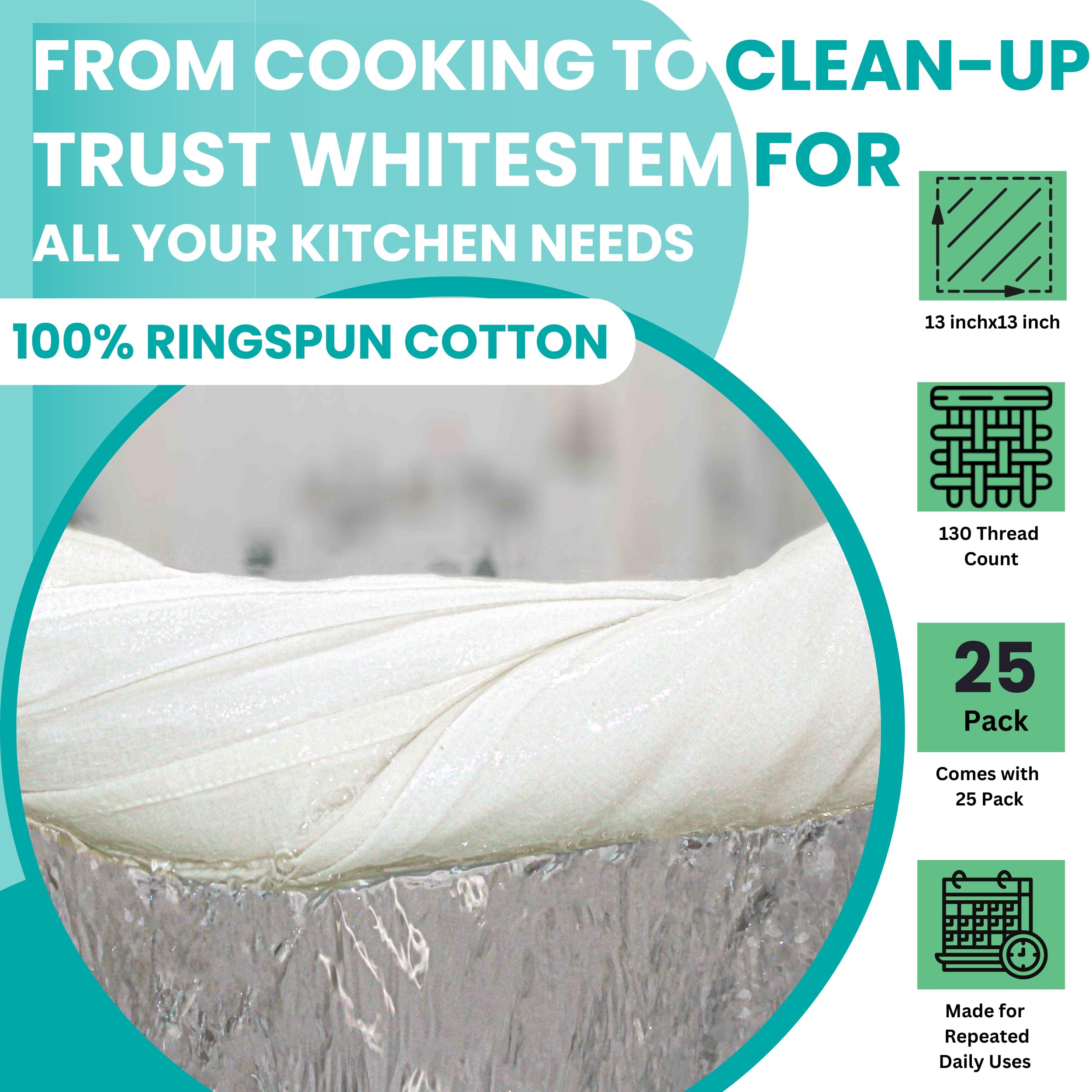 WHITESTEM Flour Sack Dish Towels | 13βX13β | 25-Pack | White | 130 Thread Count Ring Spun Cotton, Blank Towels for Easter, Kitchen Dish Towels, Kitchen Towels, Hand Towels, Tea Towels and Dish Cloths