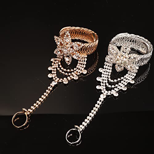 YERTTER Dainty Rhinestone Crystal Hand Chain Slave Harnss Bracelet Finger Chain Bangle Bracelet Silver Gold Hand Chain Ring Link Bracelet (Style 1)