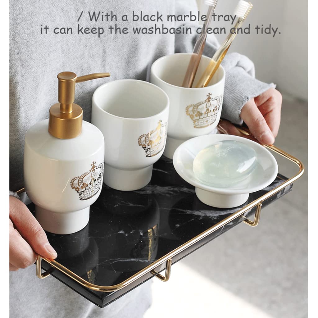 UTOYA Durable Ceramic Bathroom Accessory Set,Crown Print Bathroom Decor Accessories Set,Soap/Lotion Dispenser W/Luxury Gold Pump-Marble Tray Replacement